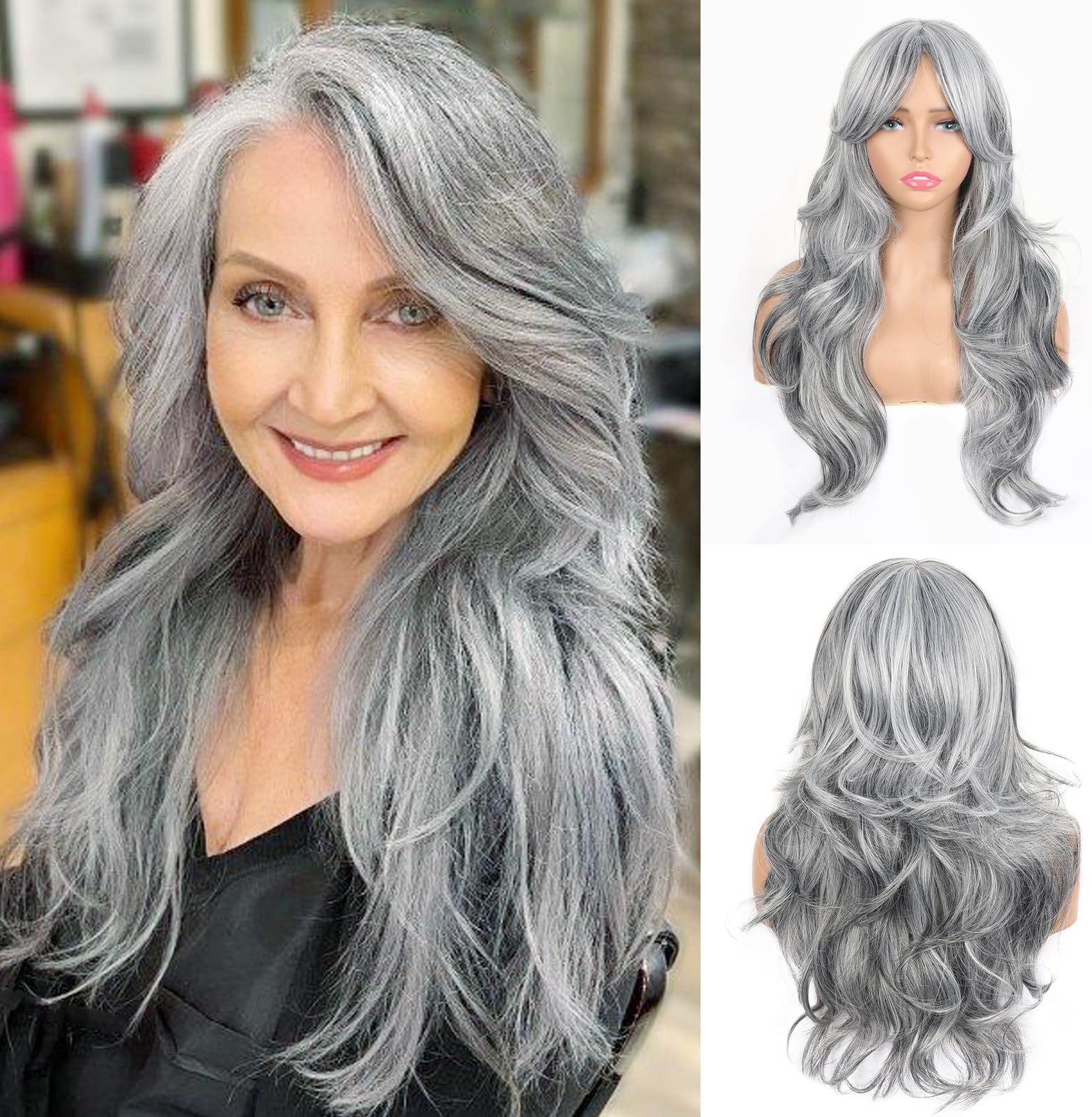 Amazon.com : Pcololin Long Wavy Sliver Gray Wig Layered Gray Wigs with ...