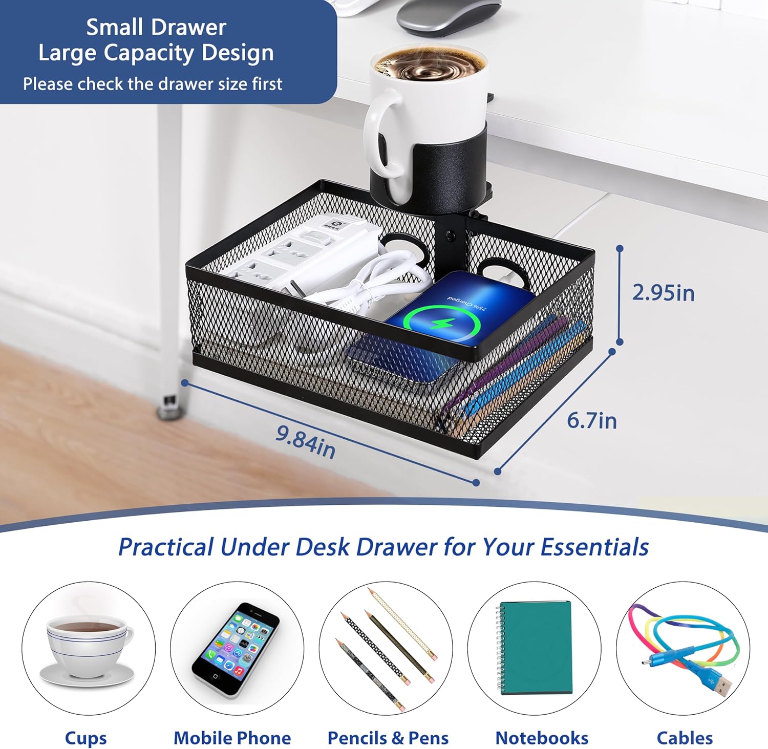 No Drilling Desk Organizer 360° Rotating Under Desk Drawer Organizer ...