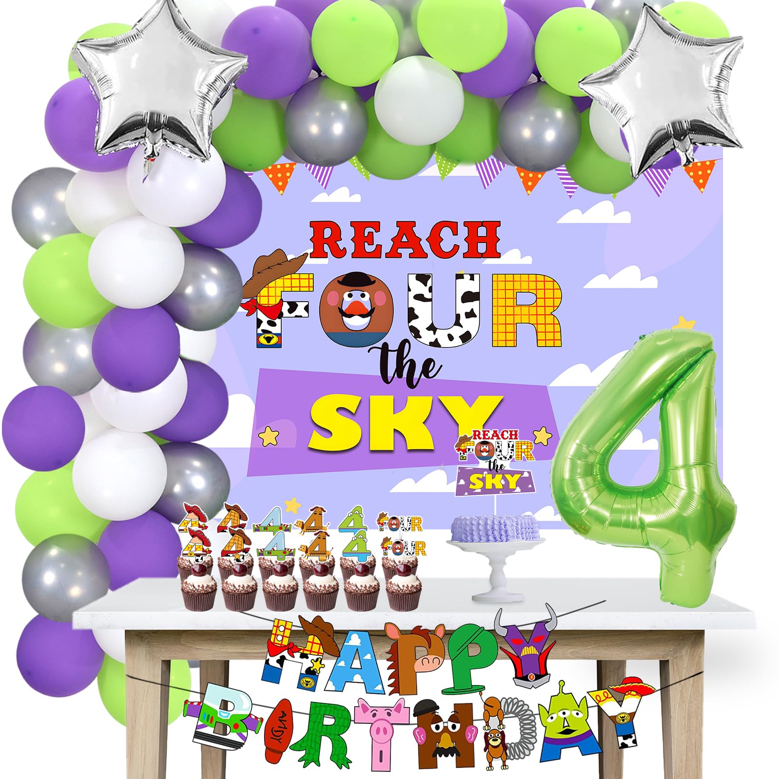 Amazon.com: Crenics Reach Four The Sky Birthday Decorations - Reach ...