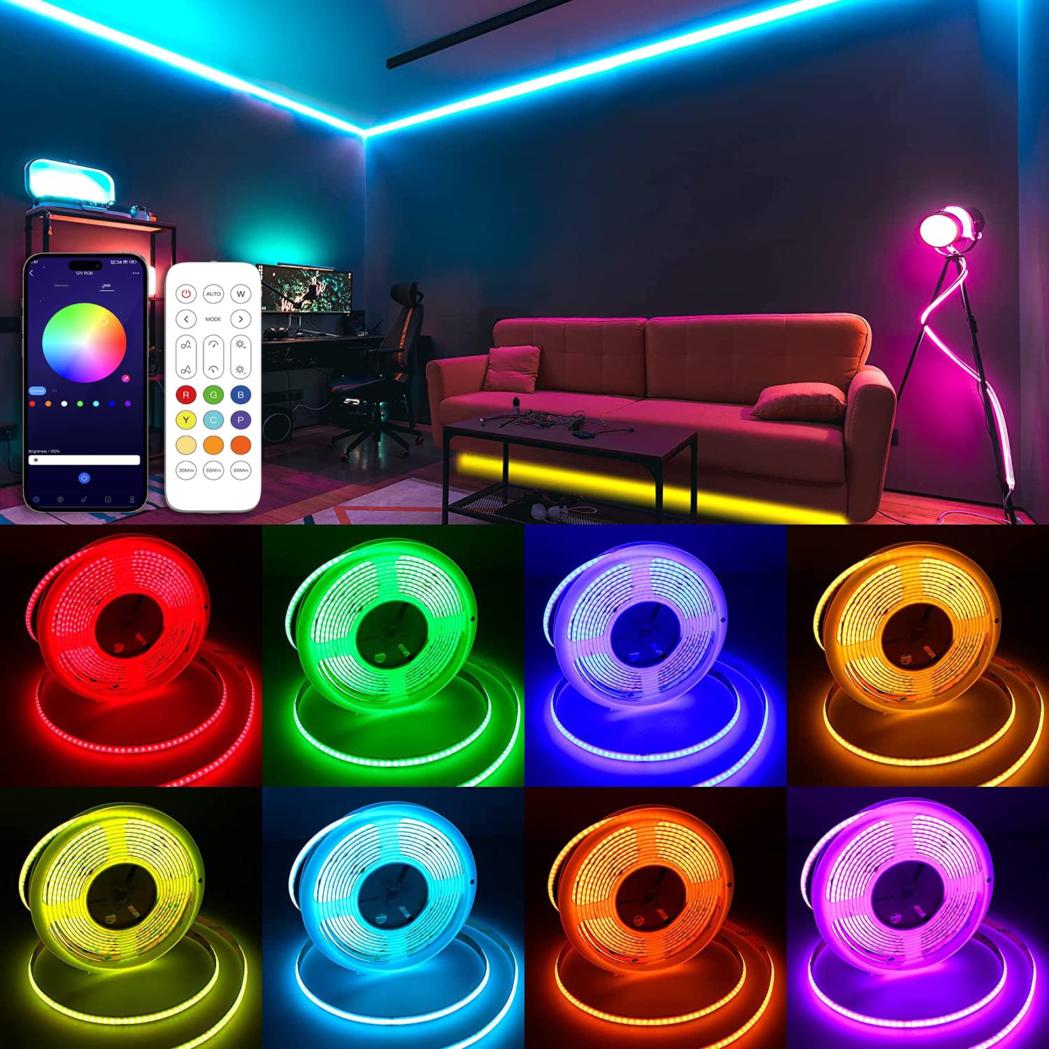 TTWAY 24V COB RGB LED Strip, COB RGB LED Strip 5M, LED Strip Music Sync ...