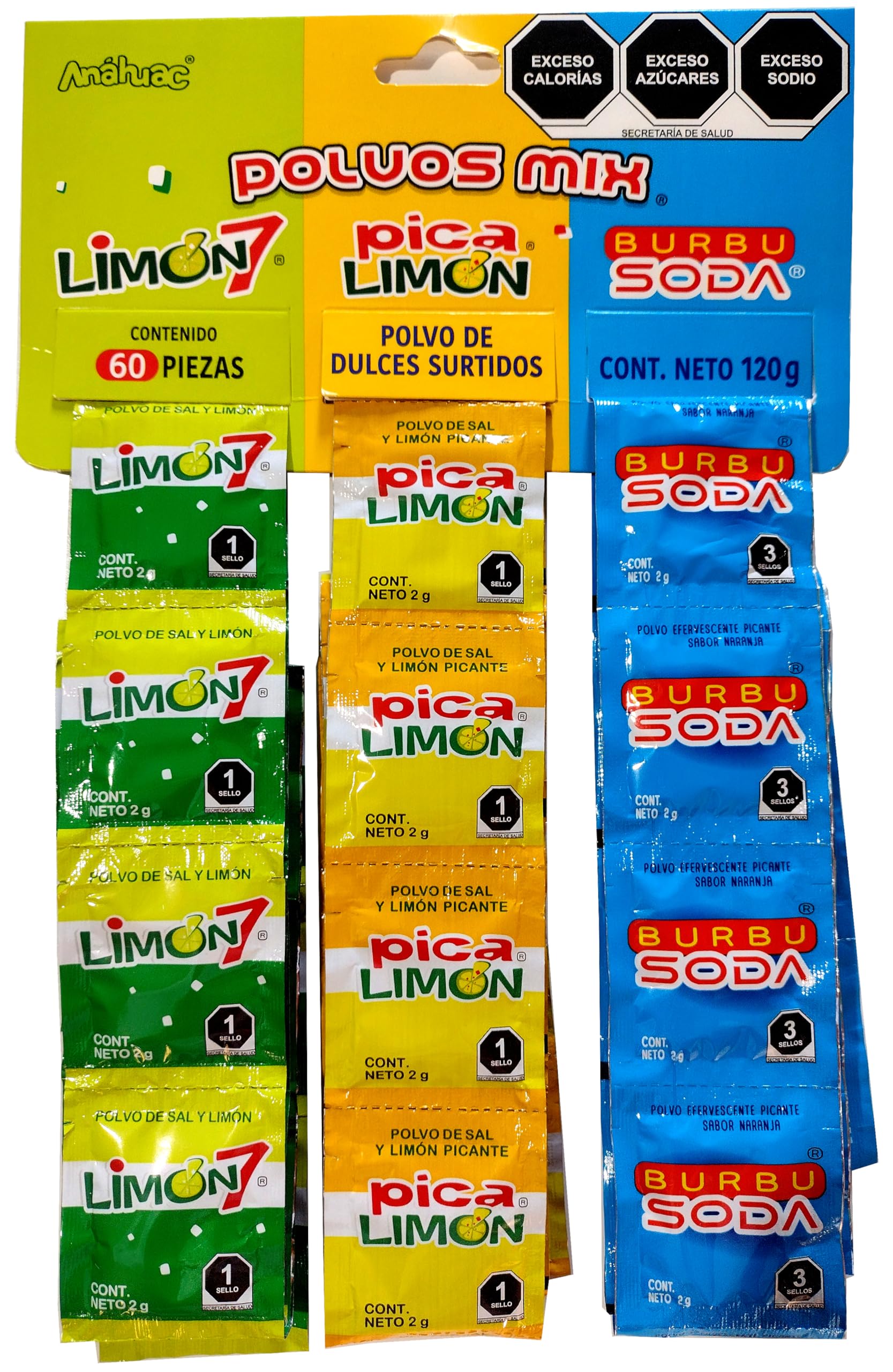 Anáhuac Polvos Mix - Limón 7, Pica Limón y Burbusoda - 60 sobres - 120 ...