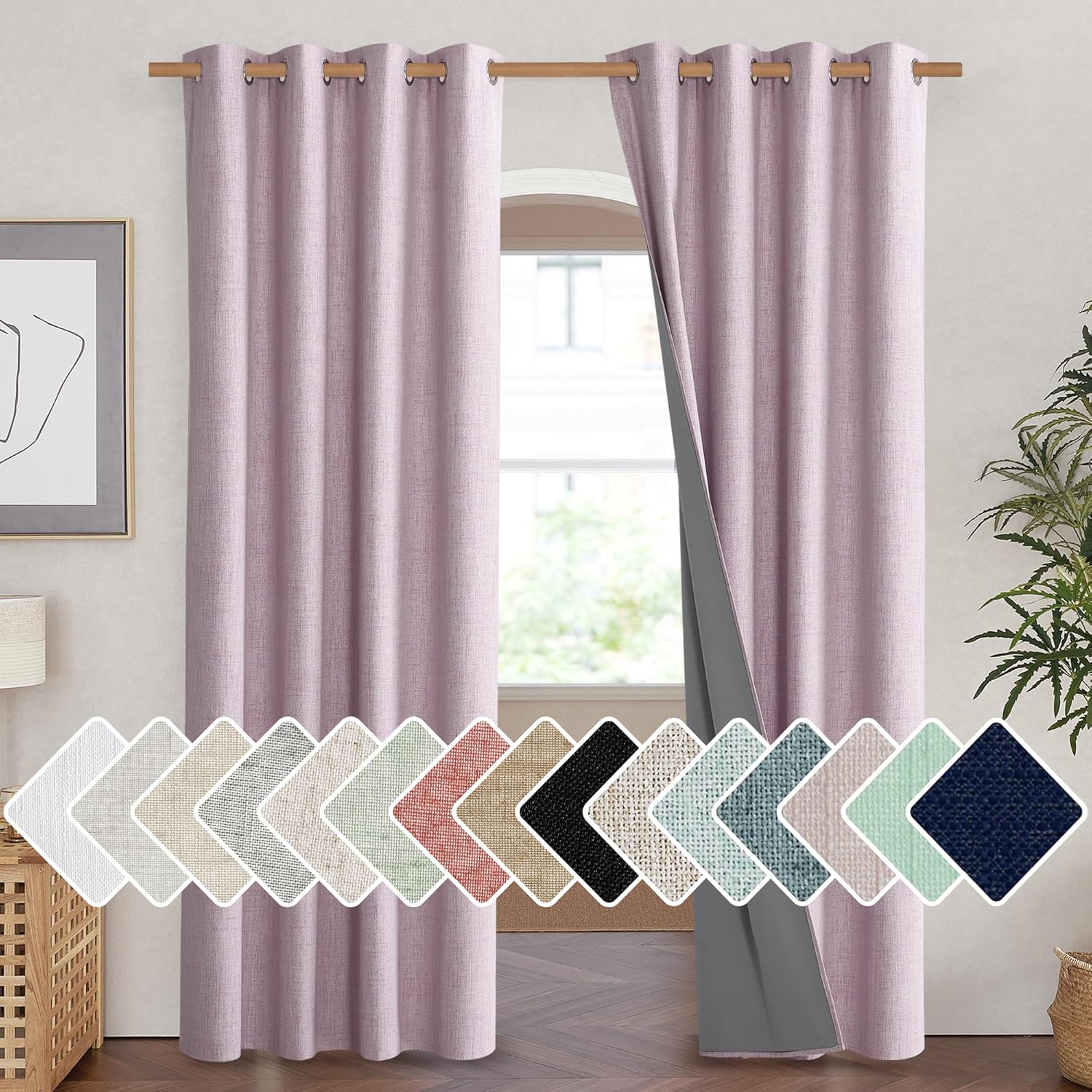 Amazon.com: NICETOWN Pink Vintage Linen 100% Blackout Curtains for ...