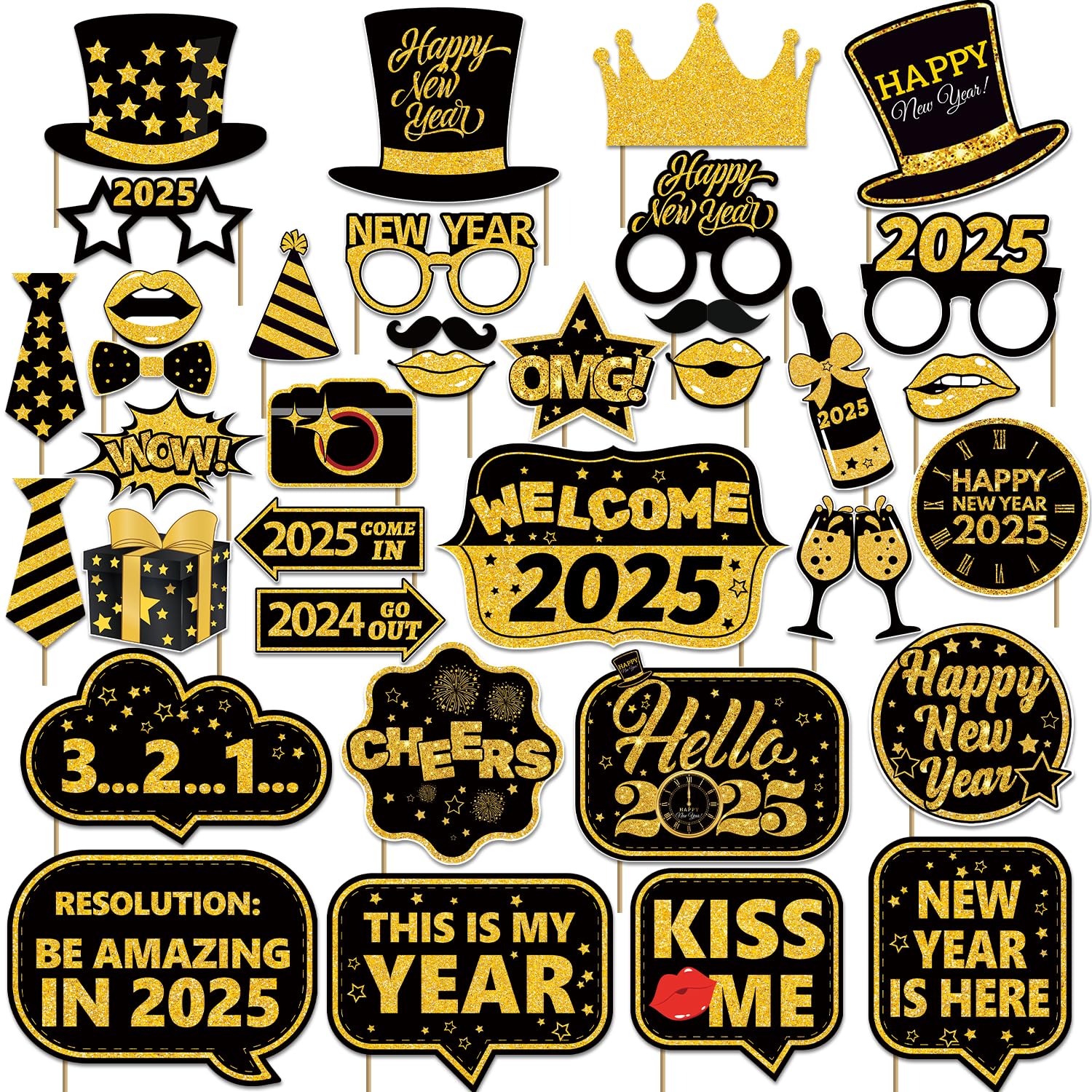 Amazon.com: Biswiter 36 Pcs New Years Photo Booth Props, New Years Eve ...