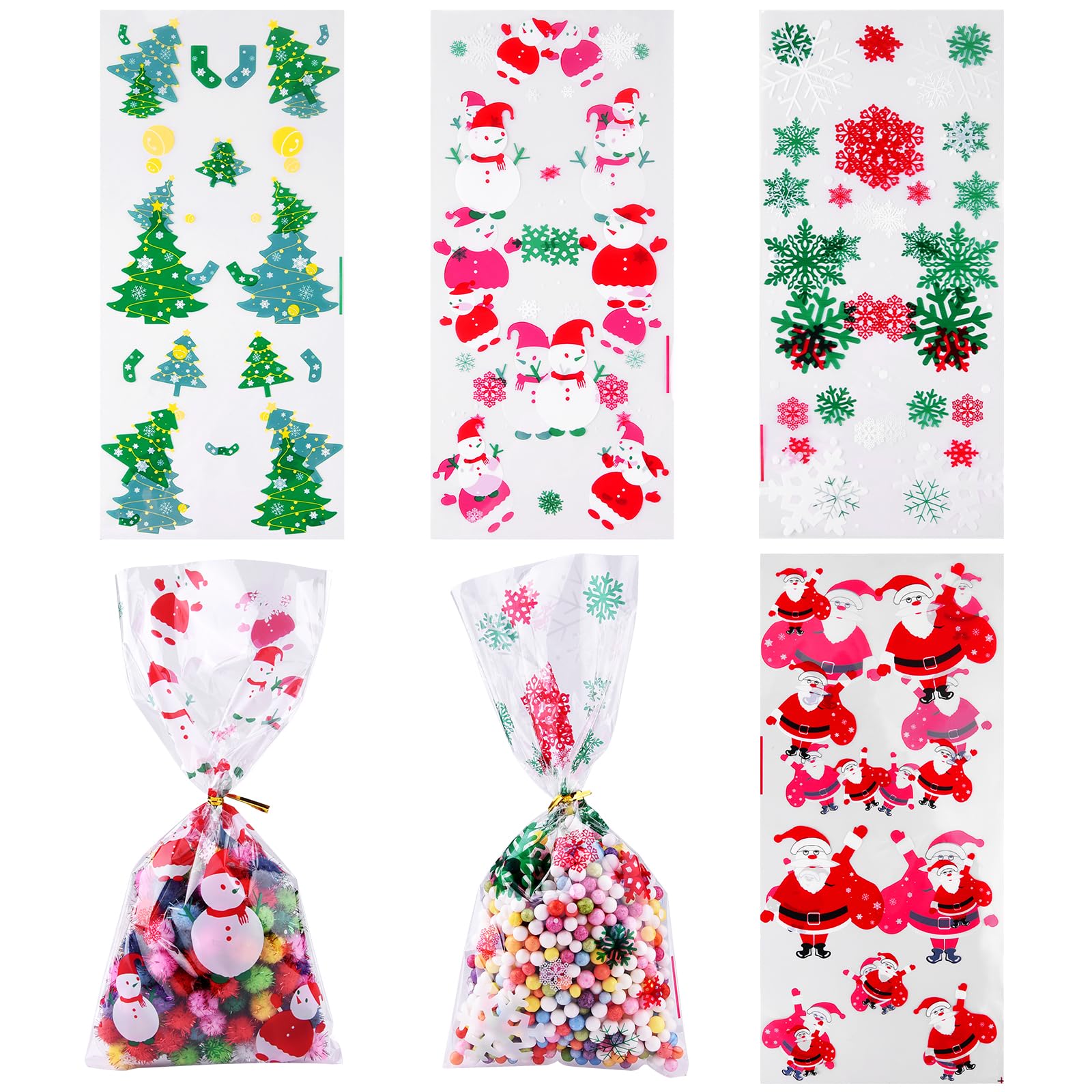 KUUQA 200 Pcs Christmas Cellophane Bags with Snowflake Snowman Santa ...