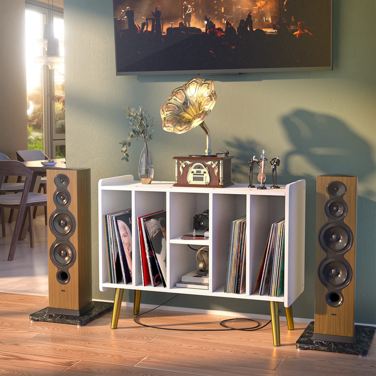 Unikito White Record Player Stand with Storage and Outlet, Vinyl Record ...