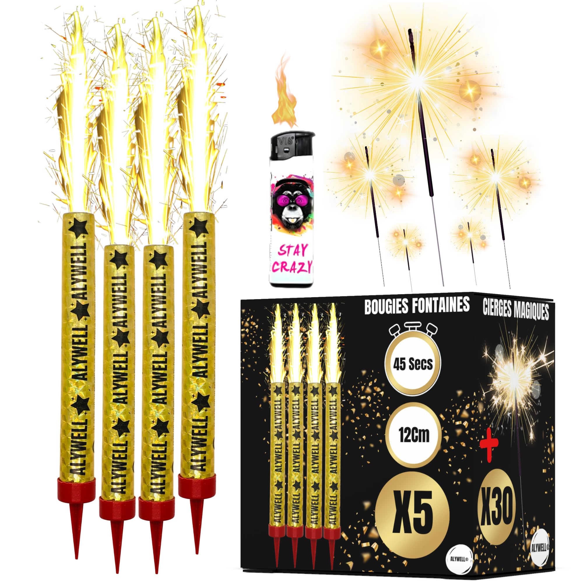 5 Bougie Fontaine 12CM- 45/50 Secondes + 30 Cierge Magique+ 1 Briquet ...