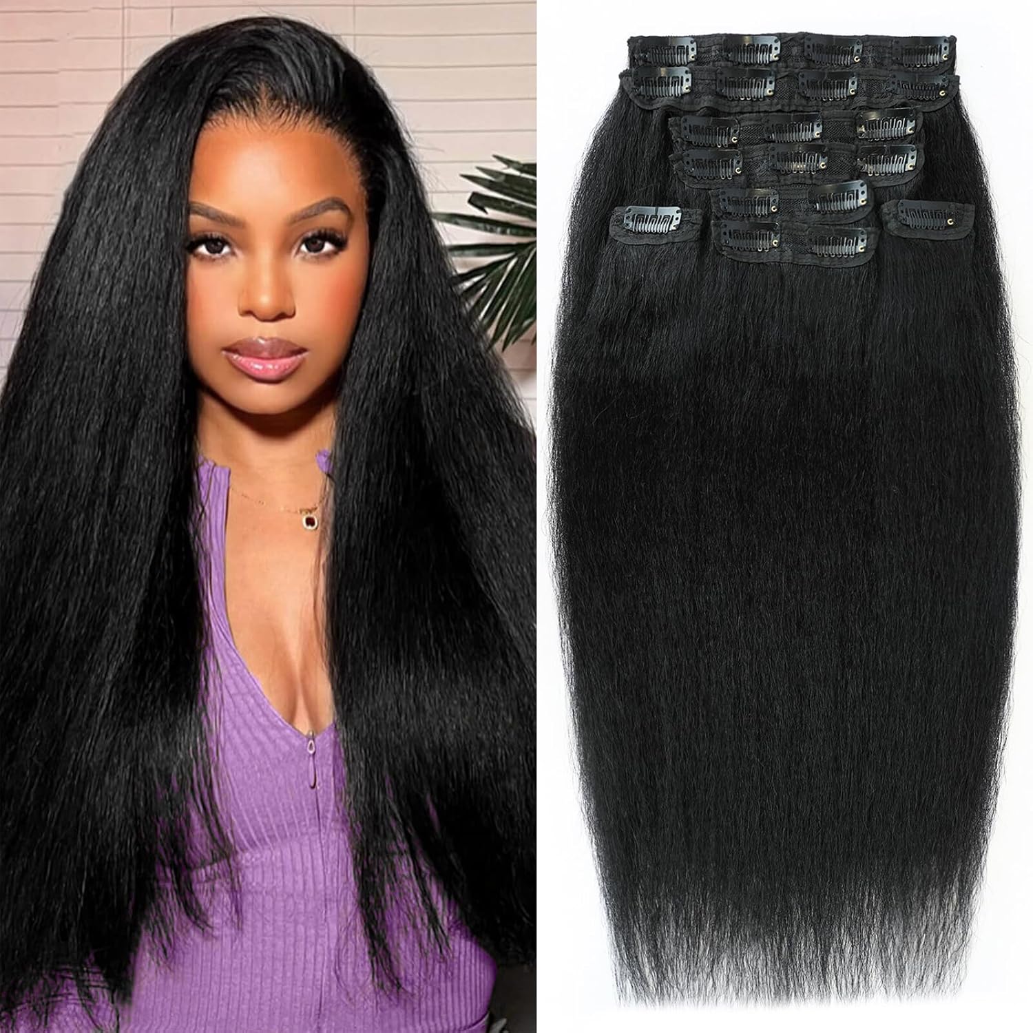 Amazon.com : Kinky Straight Clip ins 16 Inch Clip in Hair Extensions Real Human Hair 8Pcs 130g ...