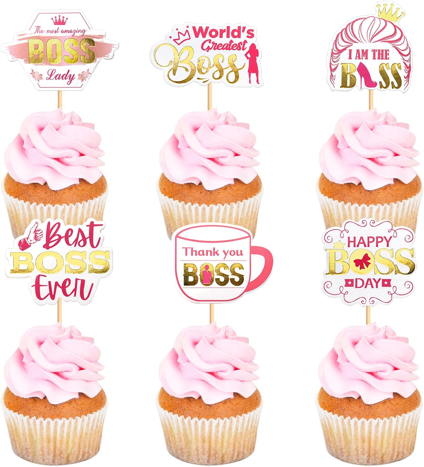 Amazon.com: Ercadio 24 Pack Happy Boss Day Cupcake Toppers Pink Boss ...