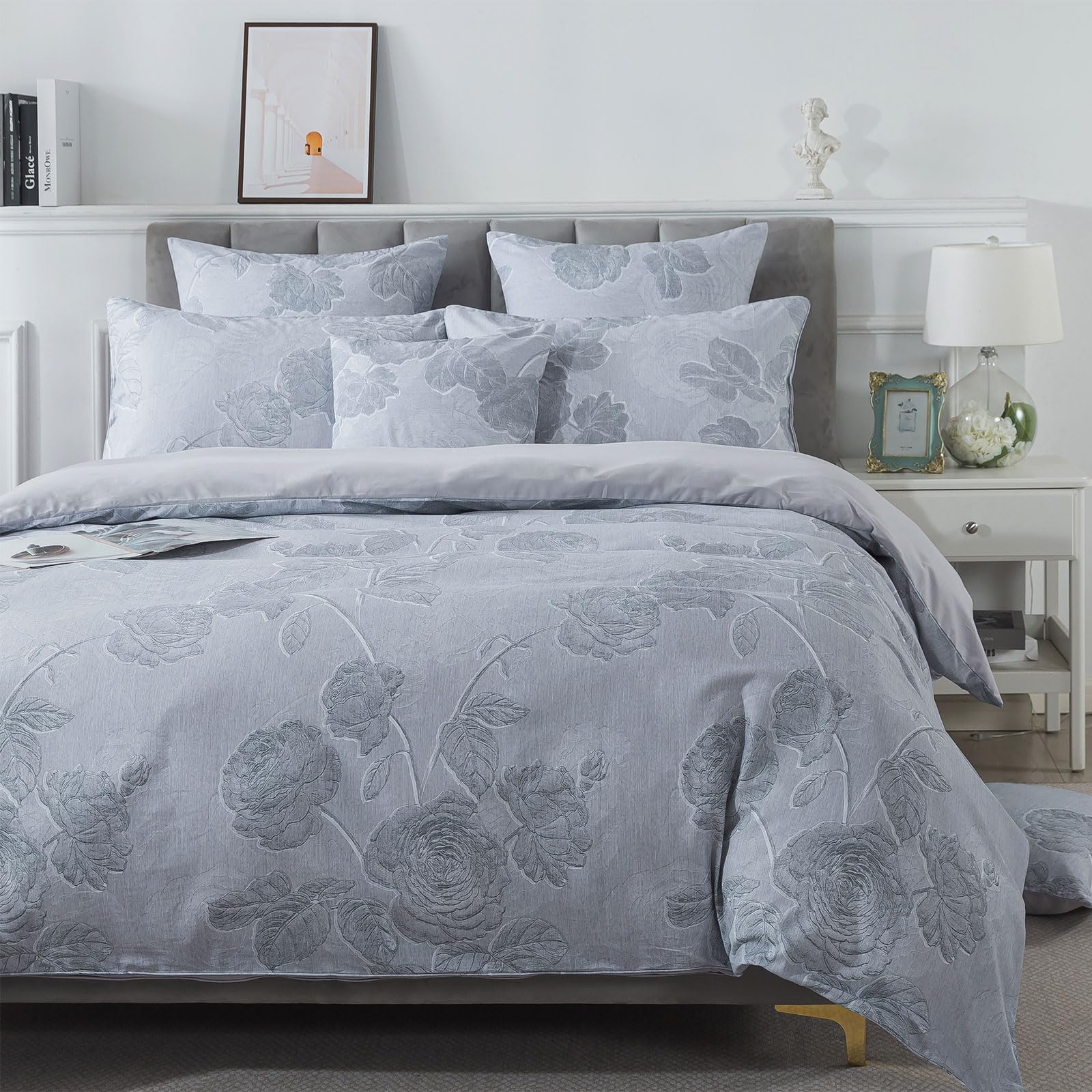 Amazon.com: FADFAY Grey Vintage Floral Duvet Cover Set King/Cal King ...