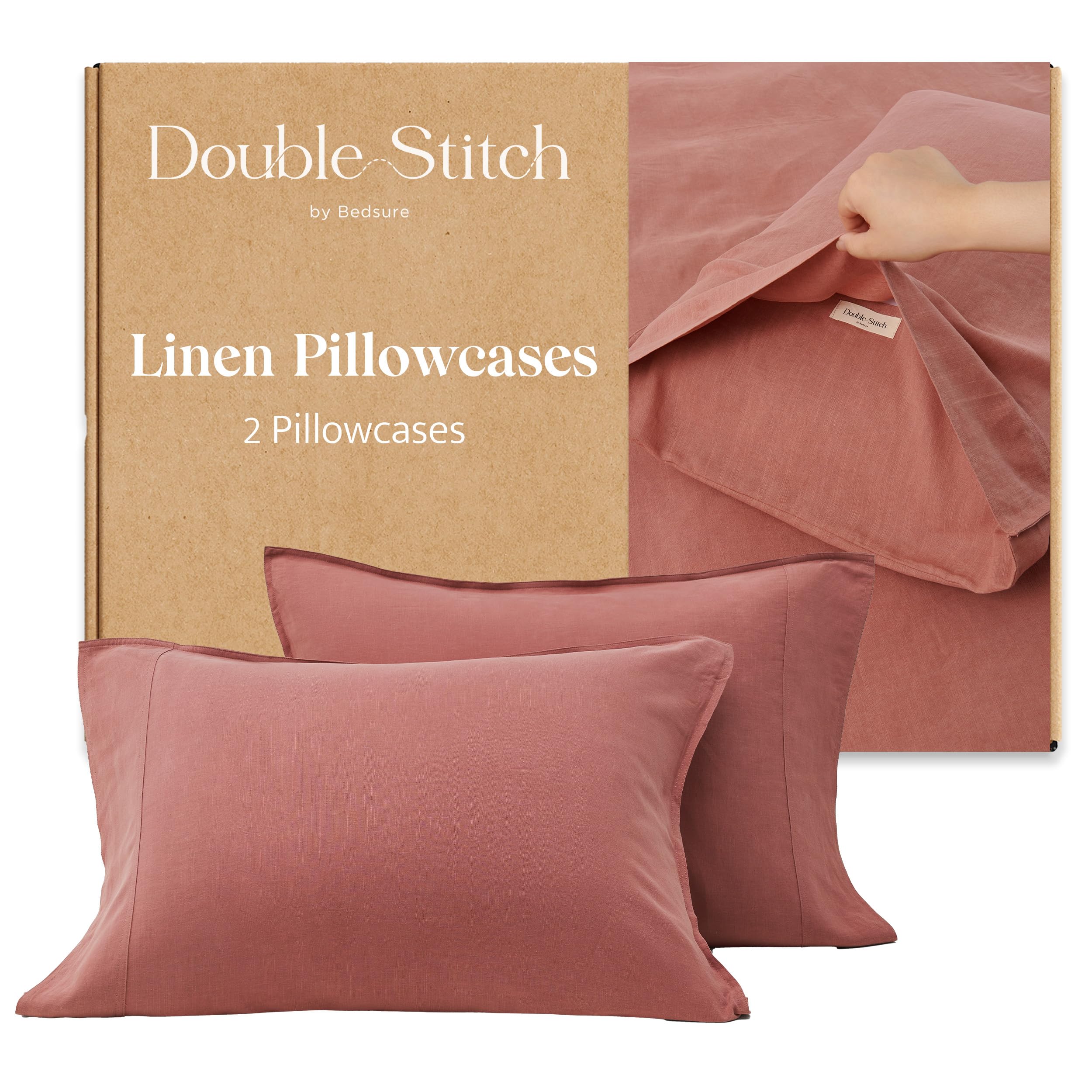 Amazon.com: Double Stitch Linen Pillowcases Queen Size - Soft ...