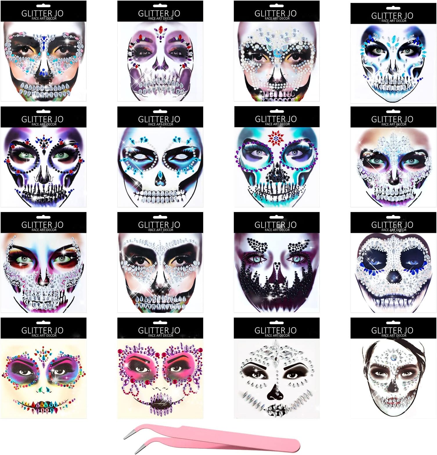 Amazon.com : Skull Face Jewels Day of the Death Face Gems for Halloween ...