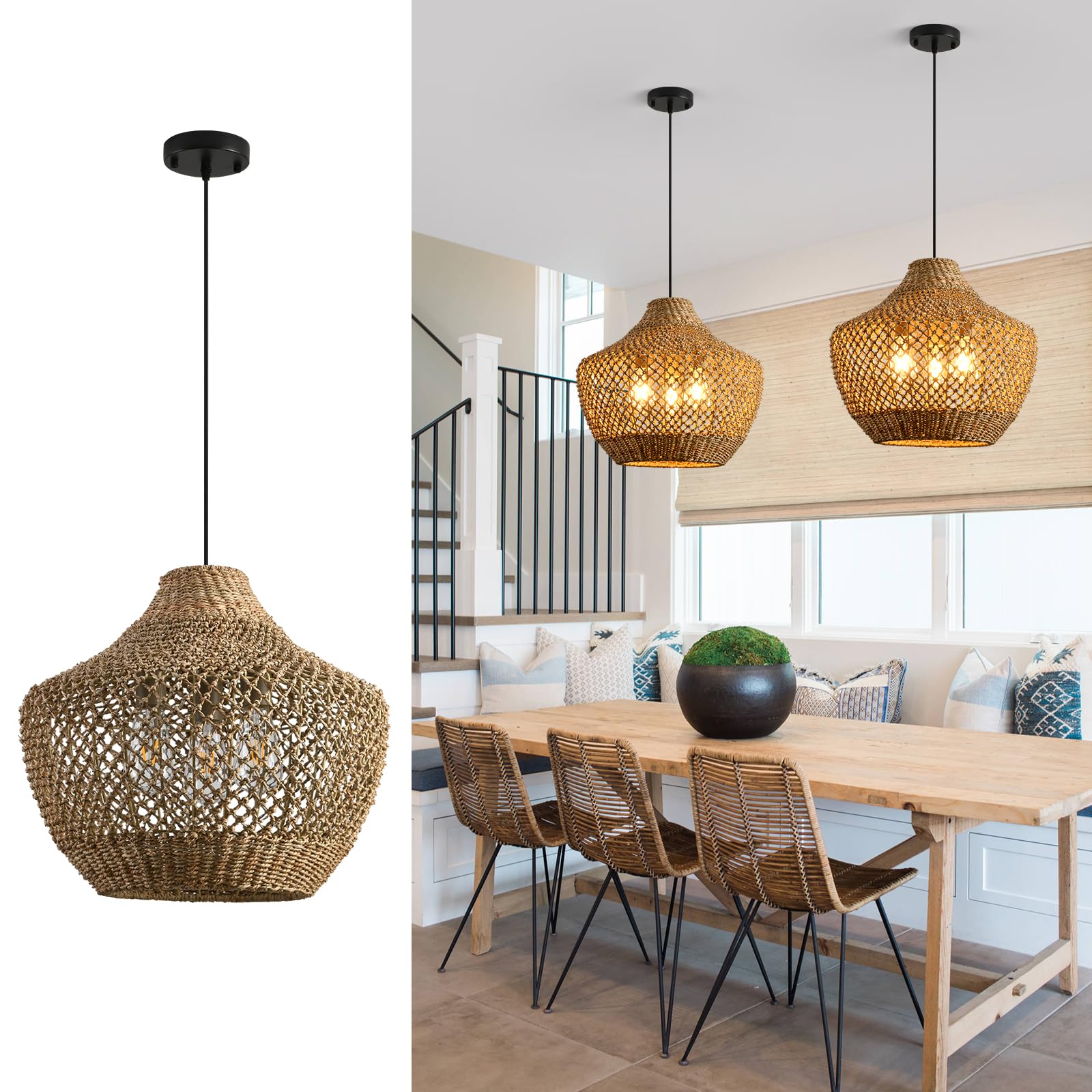 ZSLONGYING 18.91” Rattan Pendant Bamboo Light Fixture,3-Lights Bohemian ...