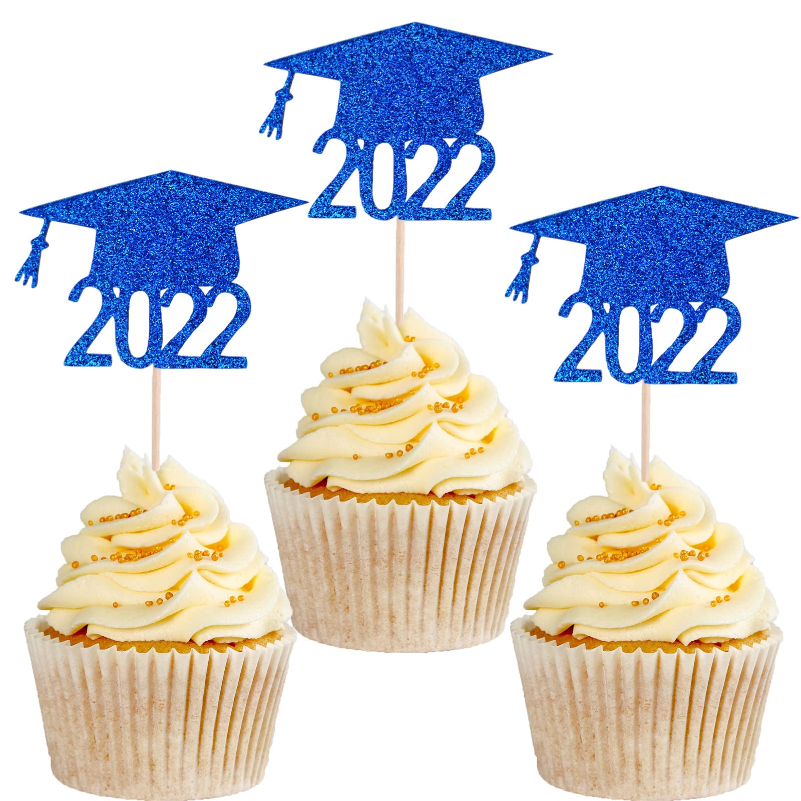 Buy 2022 Graduation Cupcake Toppers, Blue Glitter Grad Cap Cupcake ...