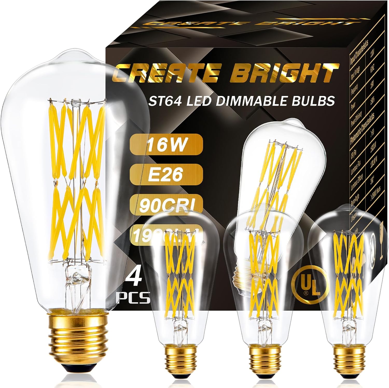 CREATE BRIGHT Dimmable Light Bulbs Vintage Style ST64 Led Bulbs 16W ...
