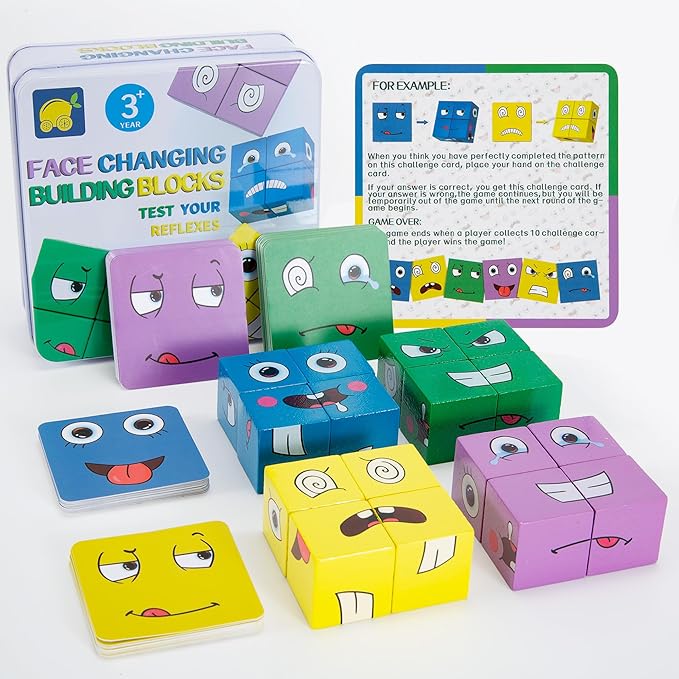 Wooden Expressions Matching Block Puzzles, Montessori Toy Face Changing ...