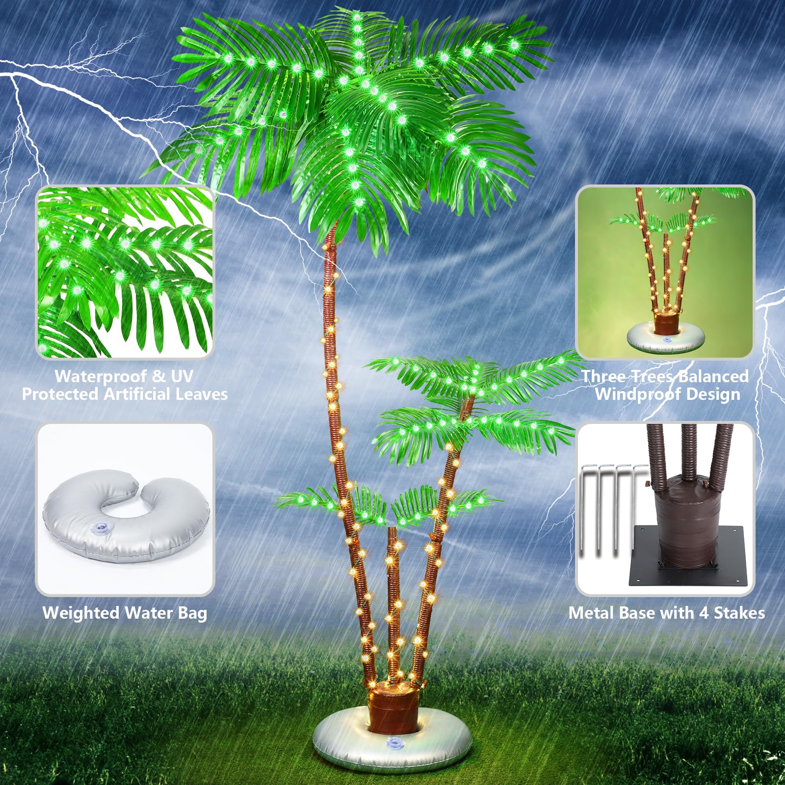 OUSHENG Solar Lighted Palm Tree for Outside Patio, 6' 3 Trunks Outdoor ...