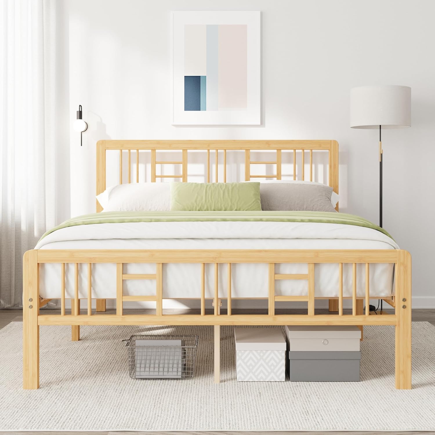 Amazon.com: Viisari Bamboo Wood Queen Bed Frame with Headboard and ...