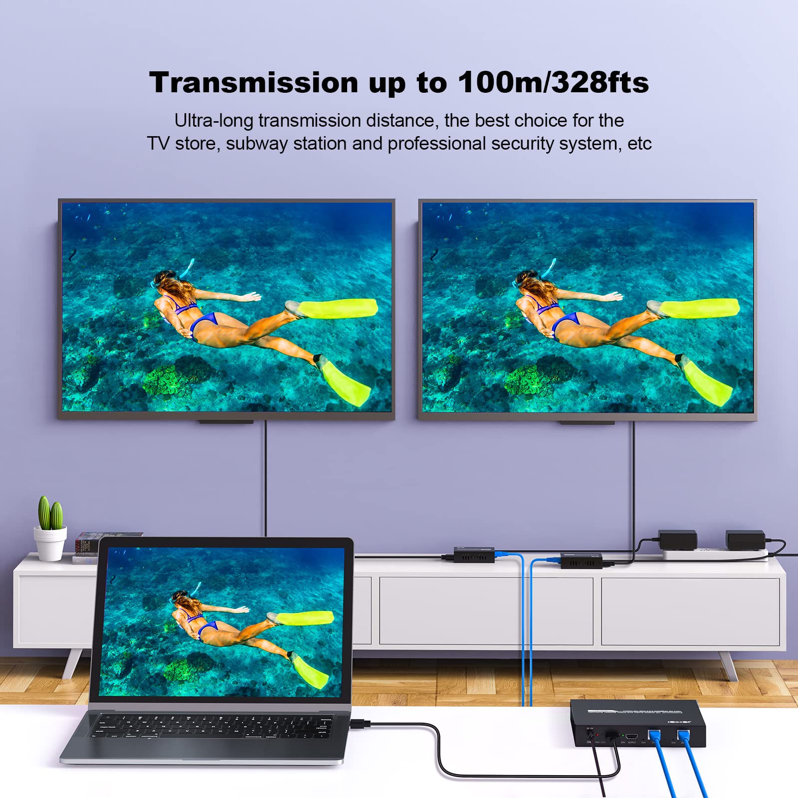 Snapklik.com : HDMI Extender Splitter 1 X 2, JCHICI 4K30Hz 100M(328fts ...