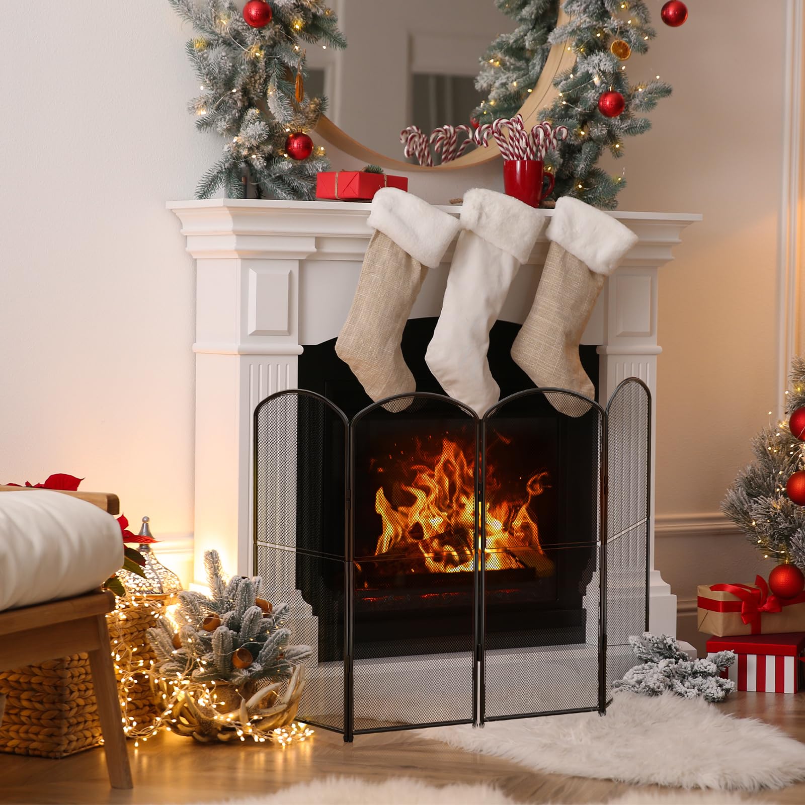 OYEAL Fireplace Screen Stand Black Fire Spark Guard Cover Decorative 4 ...