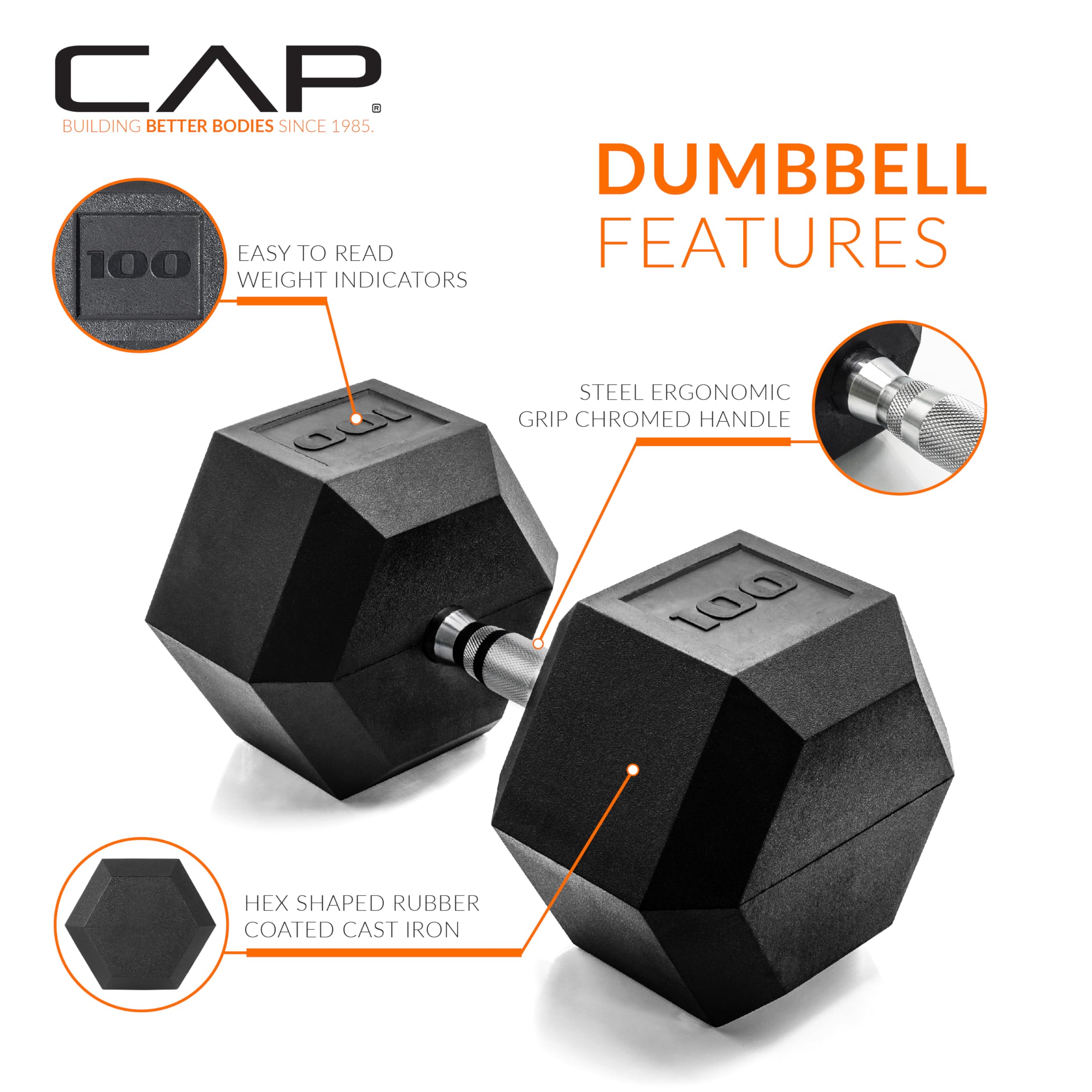 Snapklik.com : CAP Barbell 100 LB Rubber Coated Hex Dumbbell Hand Weight