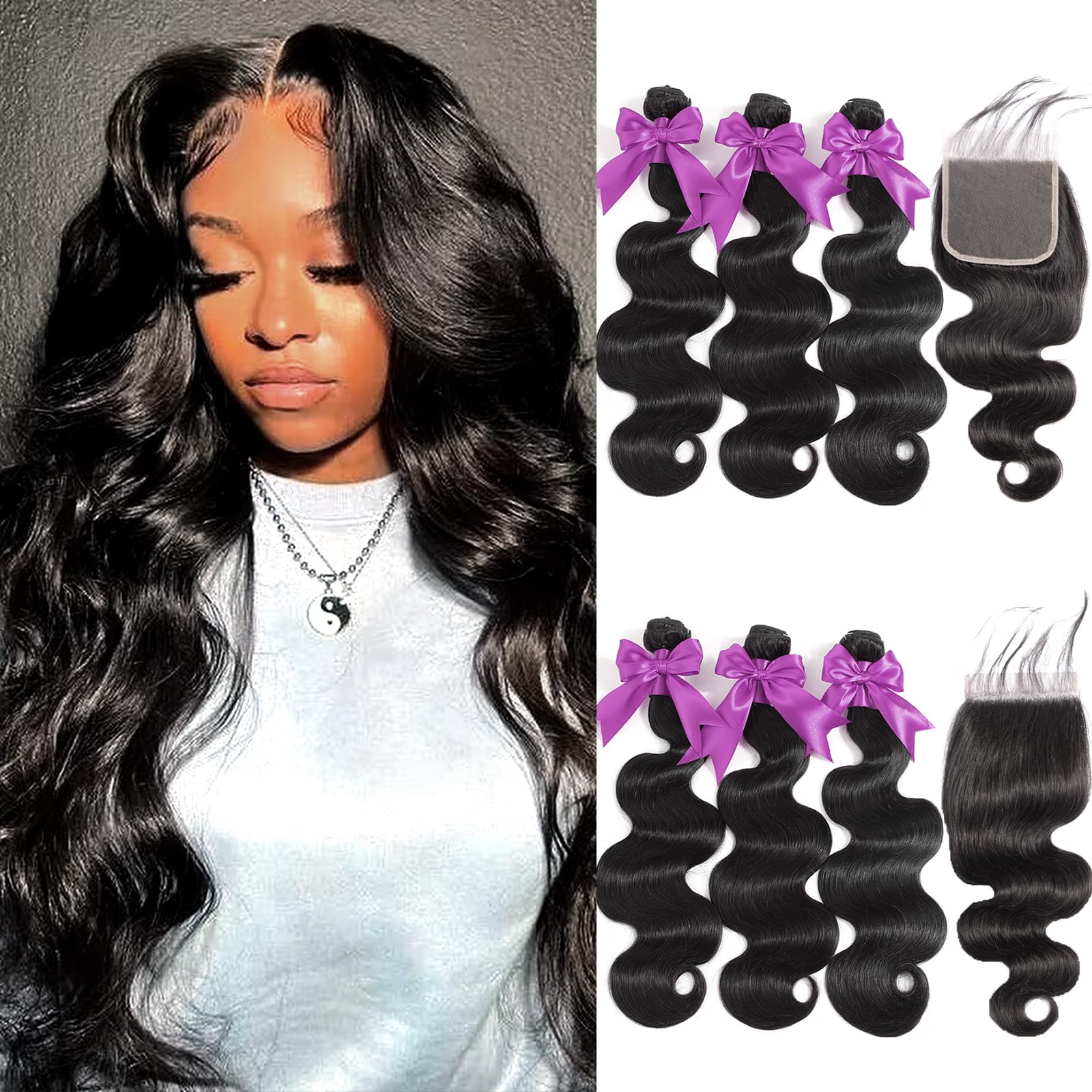 Amazon.com : Body Wave Bundles 10A 3 Bundles With Closure Human Hair ...