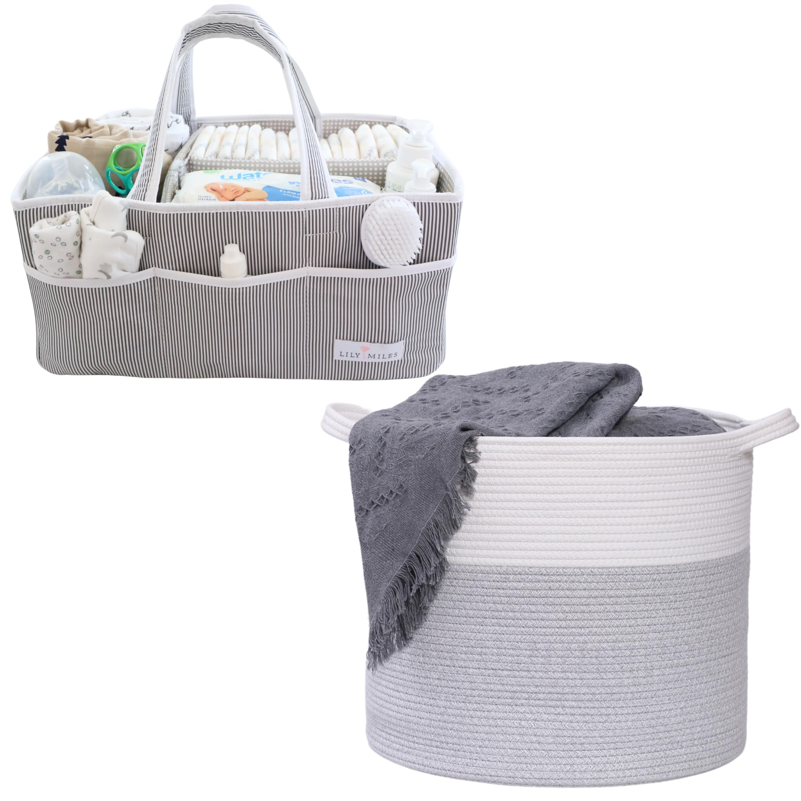 Amazon.com : Lily Miles Gray Diaper Caddy Organizer & Gray Rope Basket ...