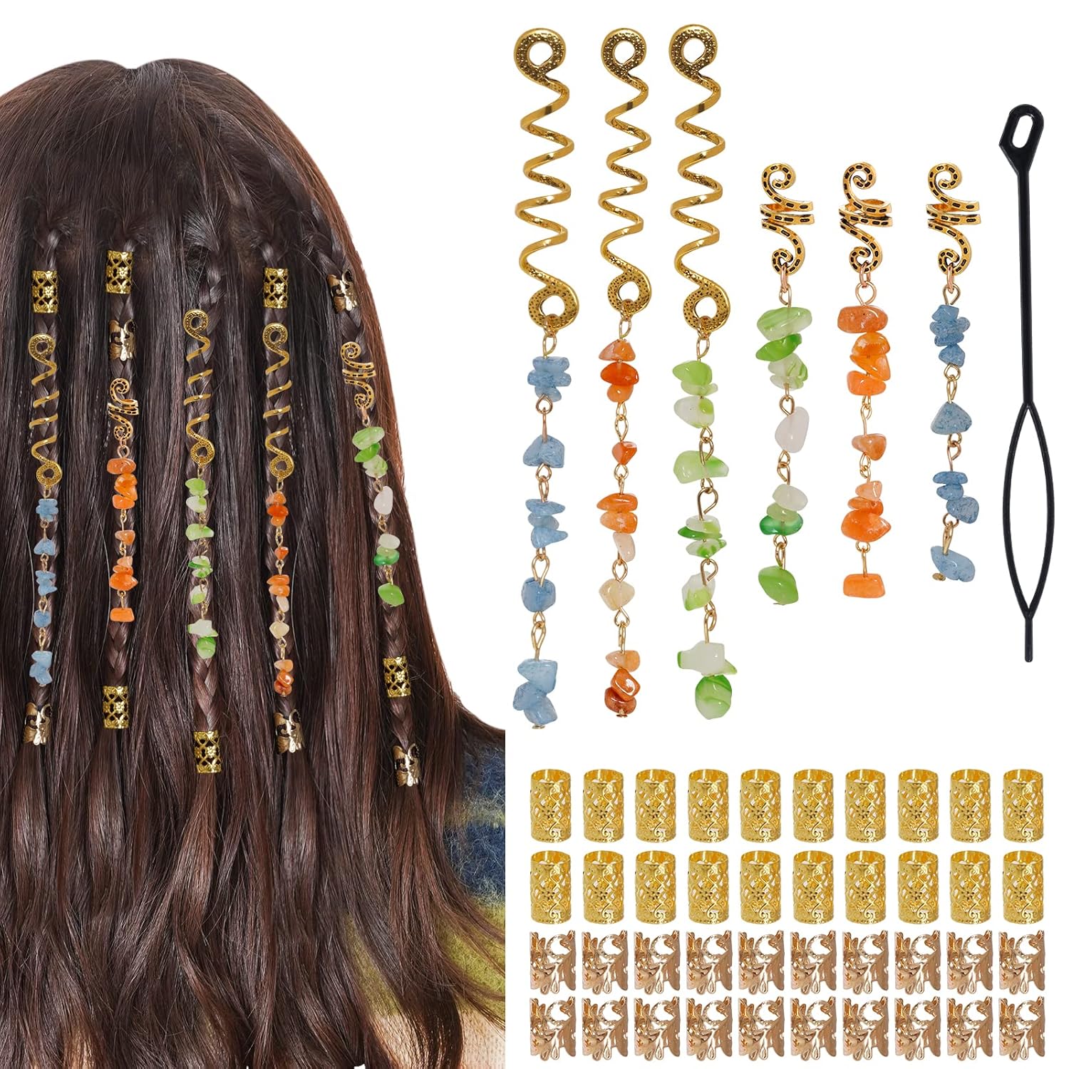 Amazon.com : 47Pcs Hair Jewelry for Braids, hoyuwak Natural Colored ...