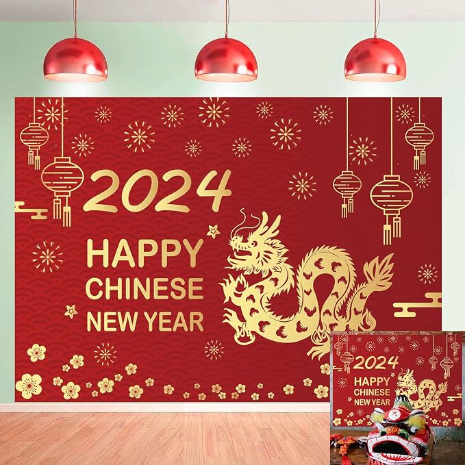 Amazon.com : Happy Chinese New Year Backdrop Golden Dragon Lanterns ...
