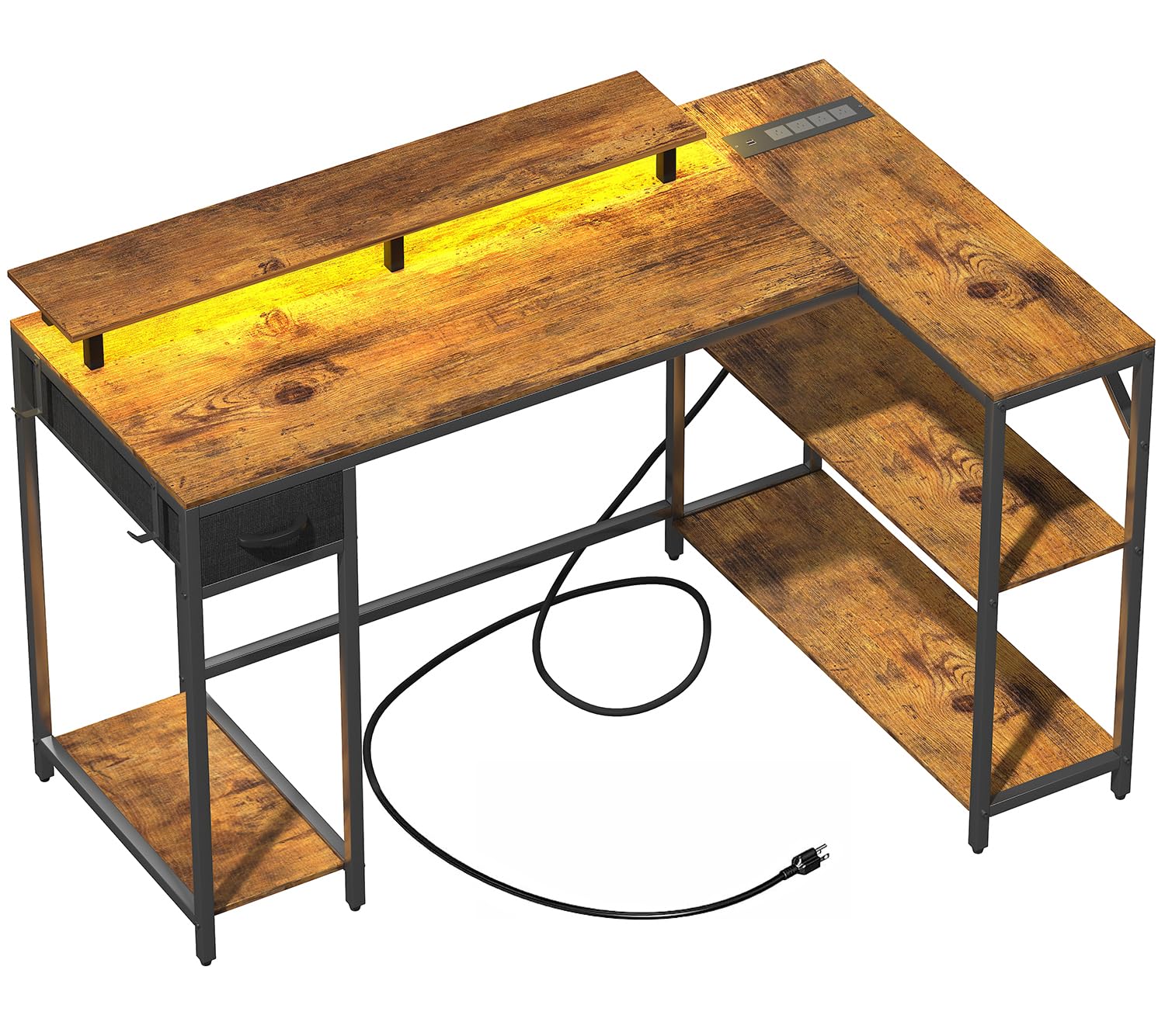 L Shaped Computer Desk with LED Light and Power Outlet, 47" Reversible ...