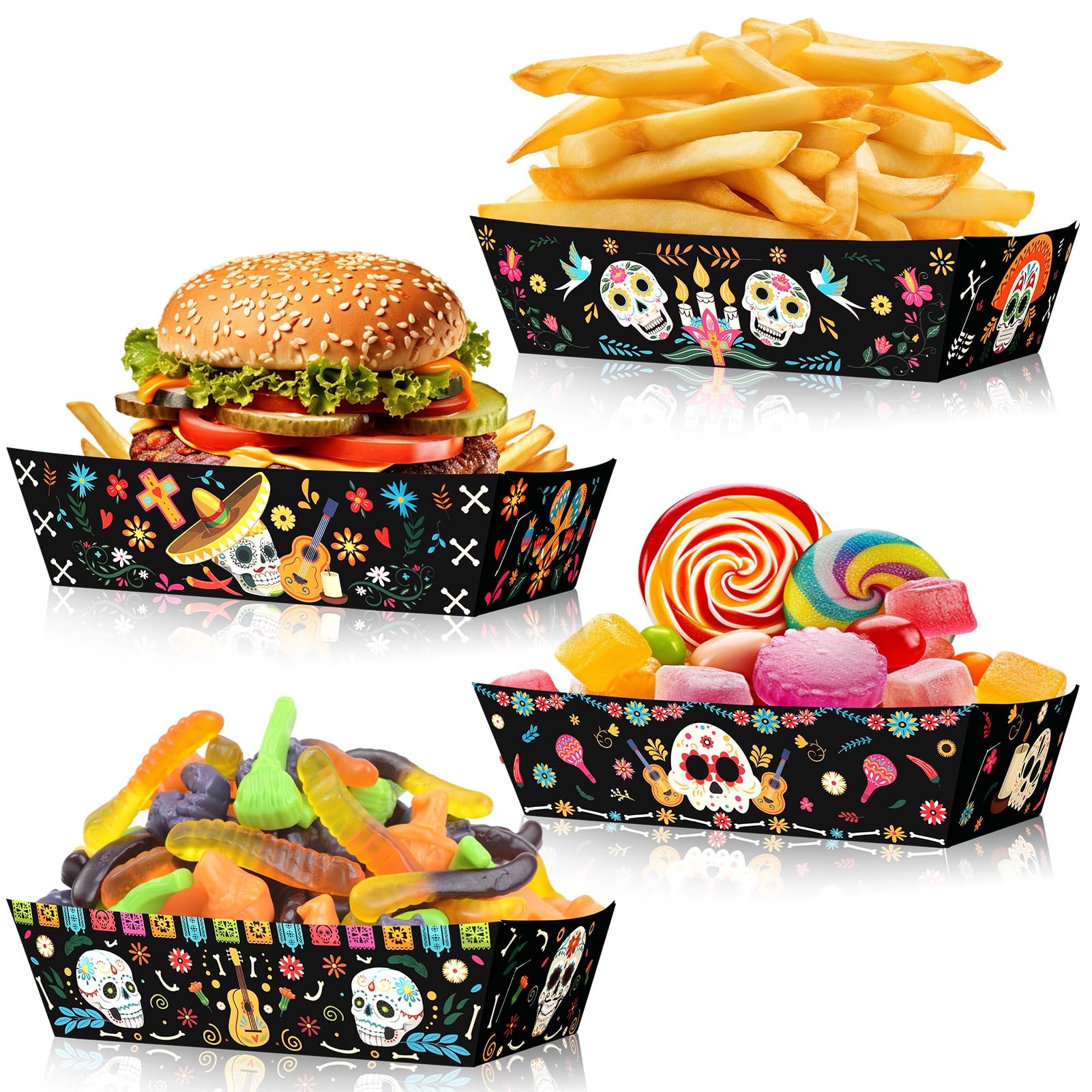 Amazon.com | HOWAF 24 Pcs Day of The Dead Food Trays Sugar Skull Paper ...