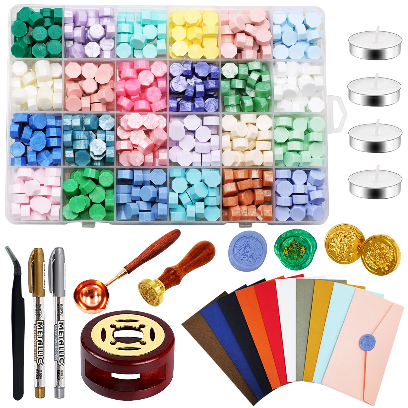 Wax Seal Stamp Kit, All-in-One DIY Wax Sealing Set 24 Colors 624Pcs Wax ...