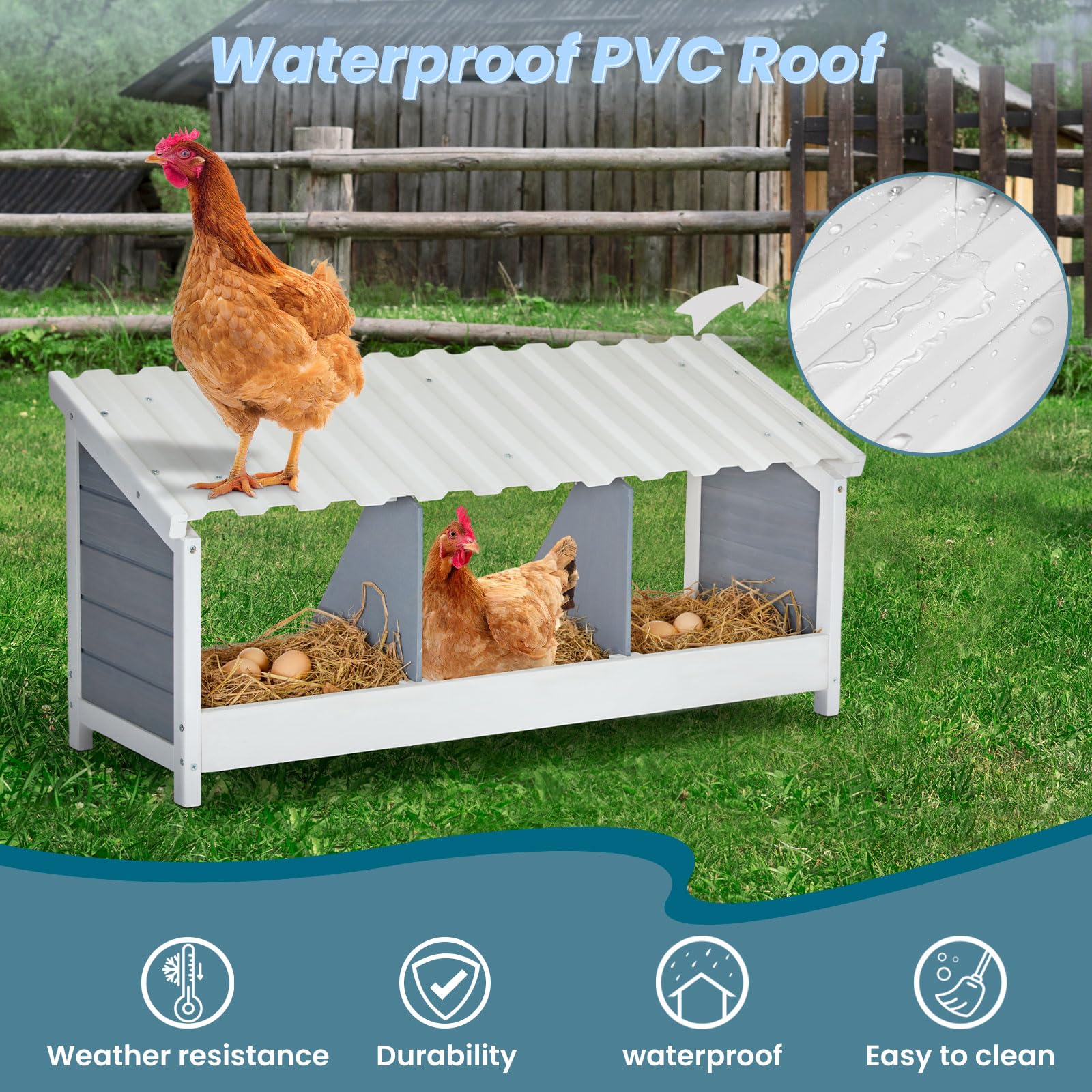 PETSFIT Triple Chicken Nesting Box, Chicken Coop Accessories with PVC ...