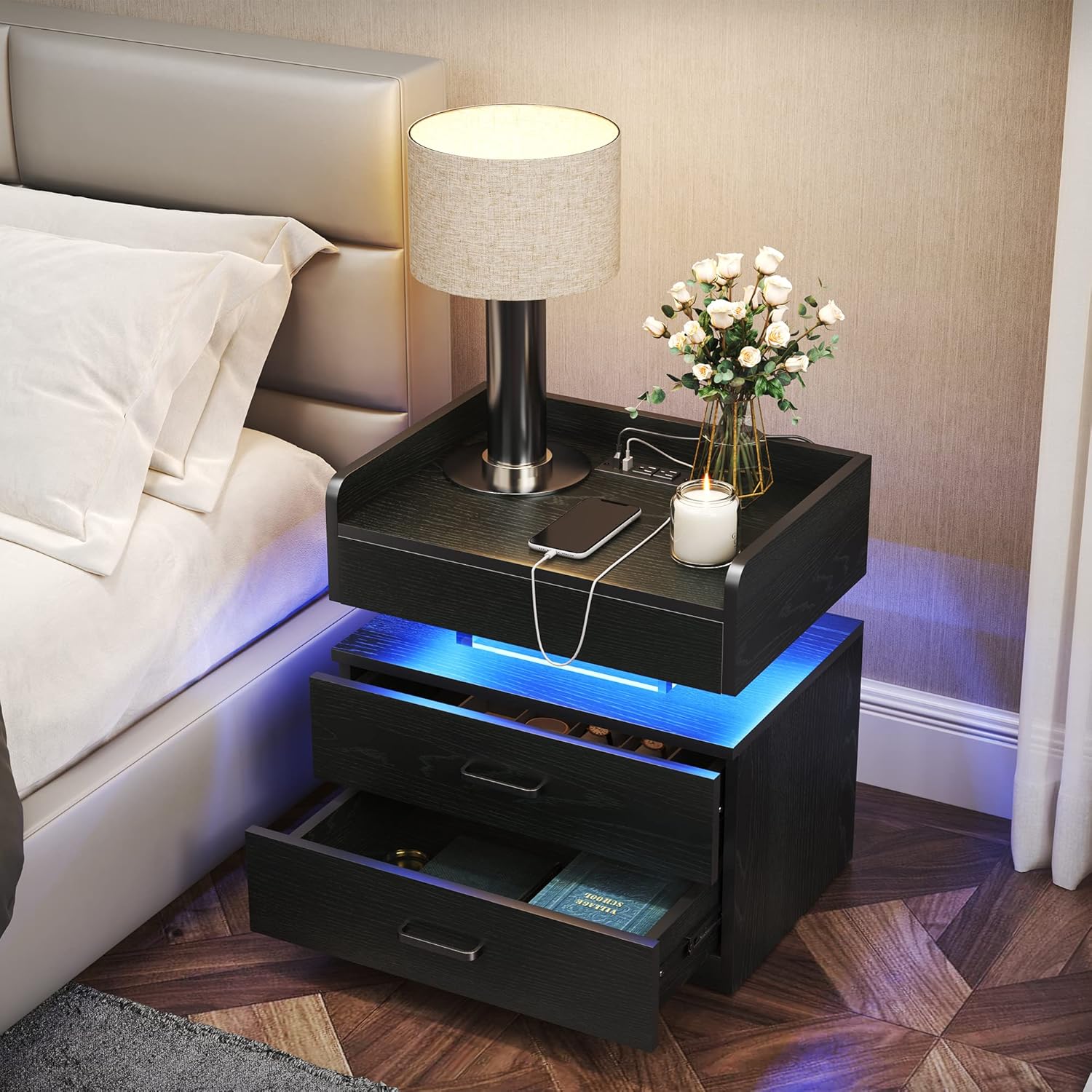 TC-HOMENY LED Nightstand with Voice-Activated Mode, End Table with ...