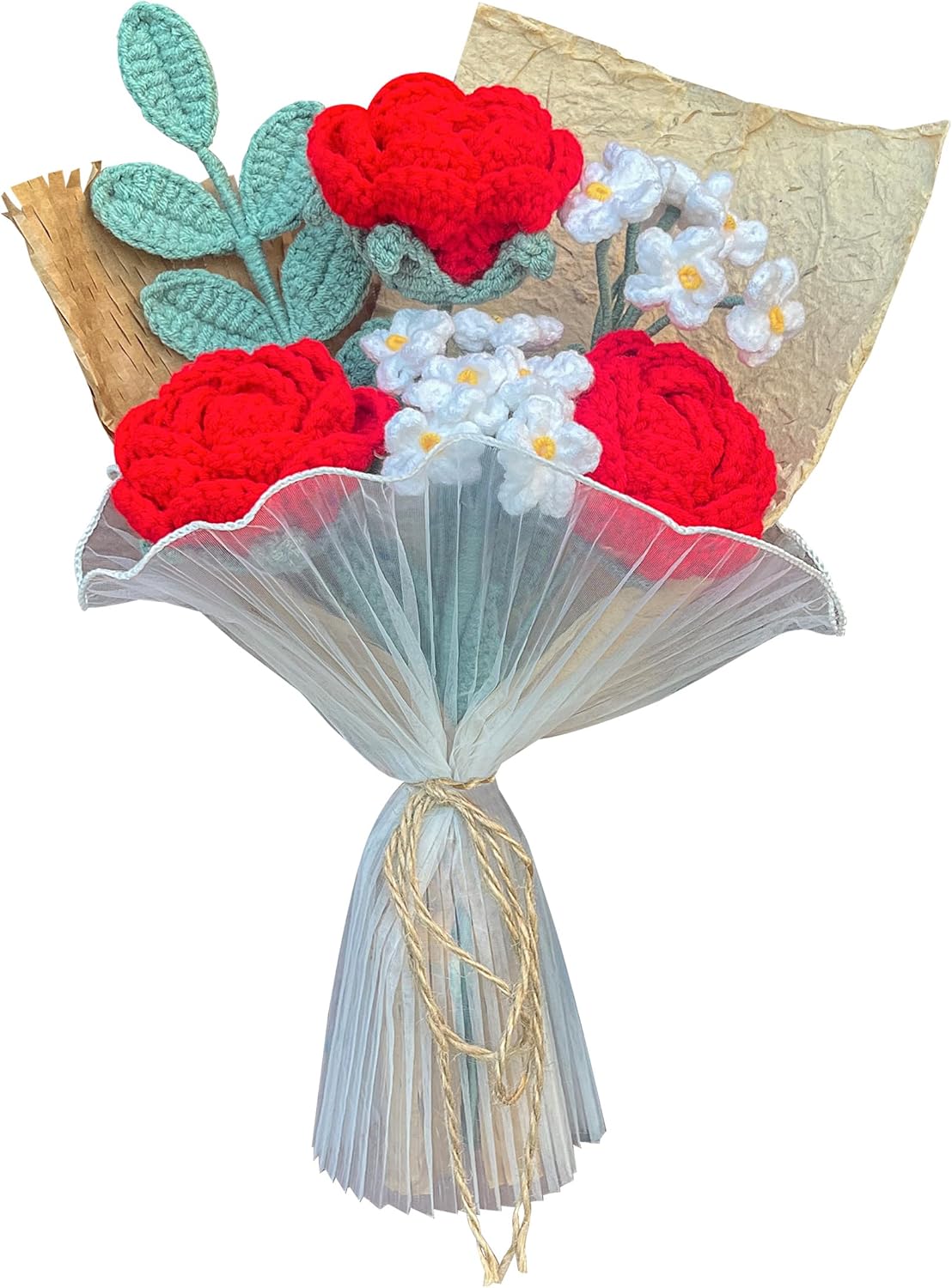 Amazon.com: Crochet Rose Flower Bouquet, Red Rose Forget Me Not Knitted ...