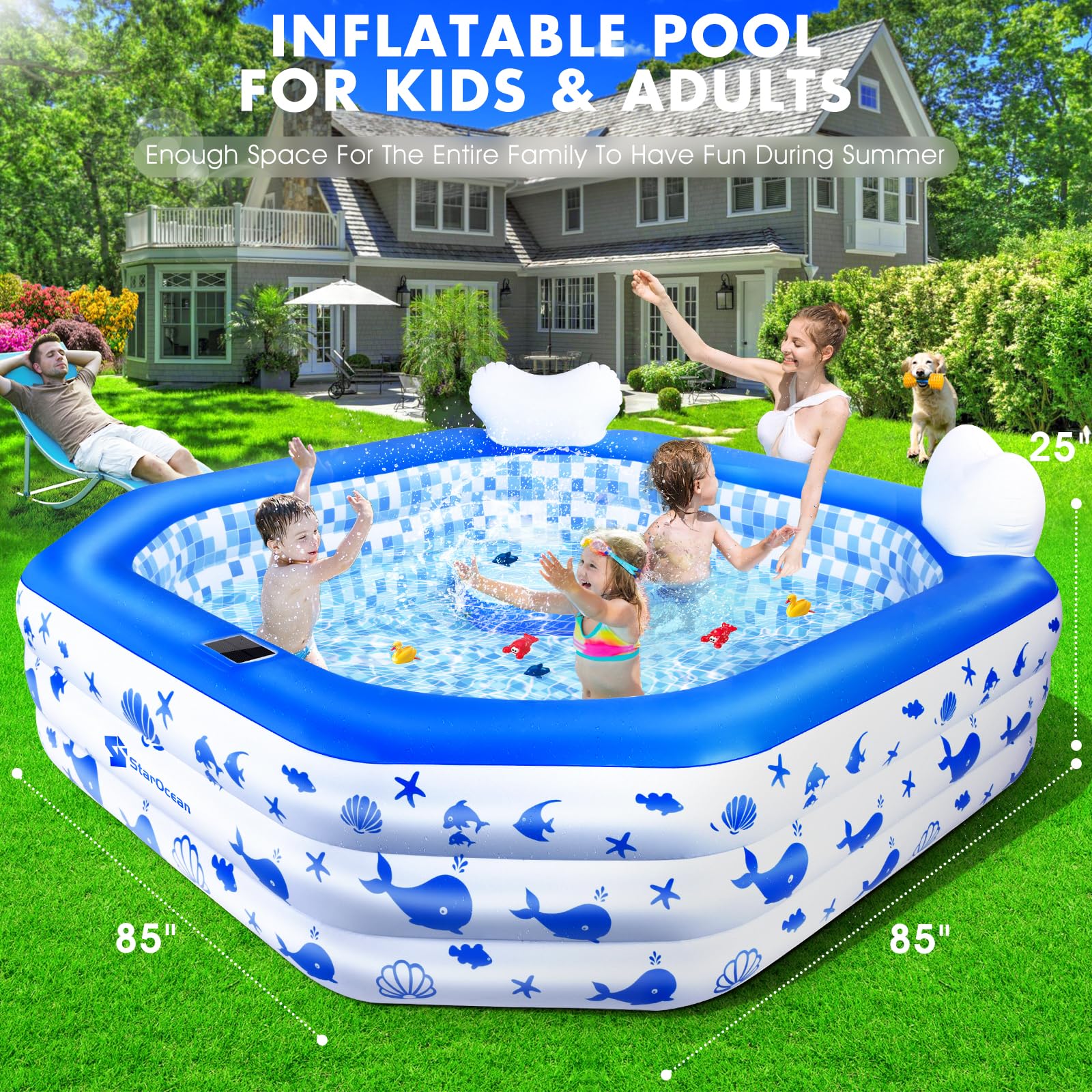 Inflatable Pool with Lights,2024 Solar Inflatable Swimming Pool for ...