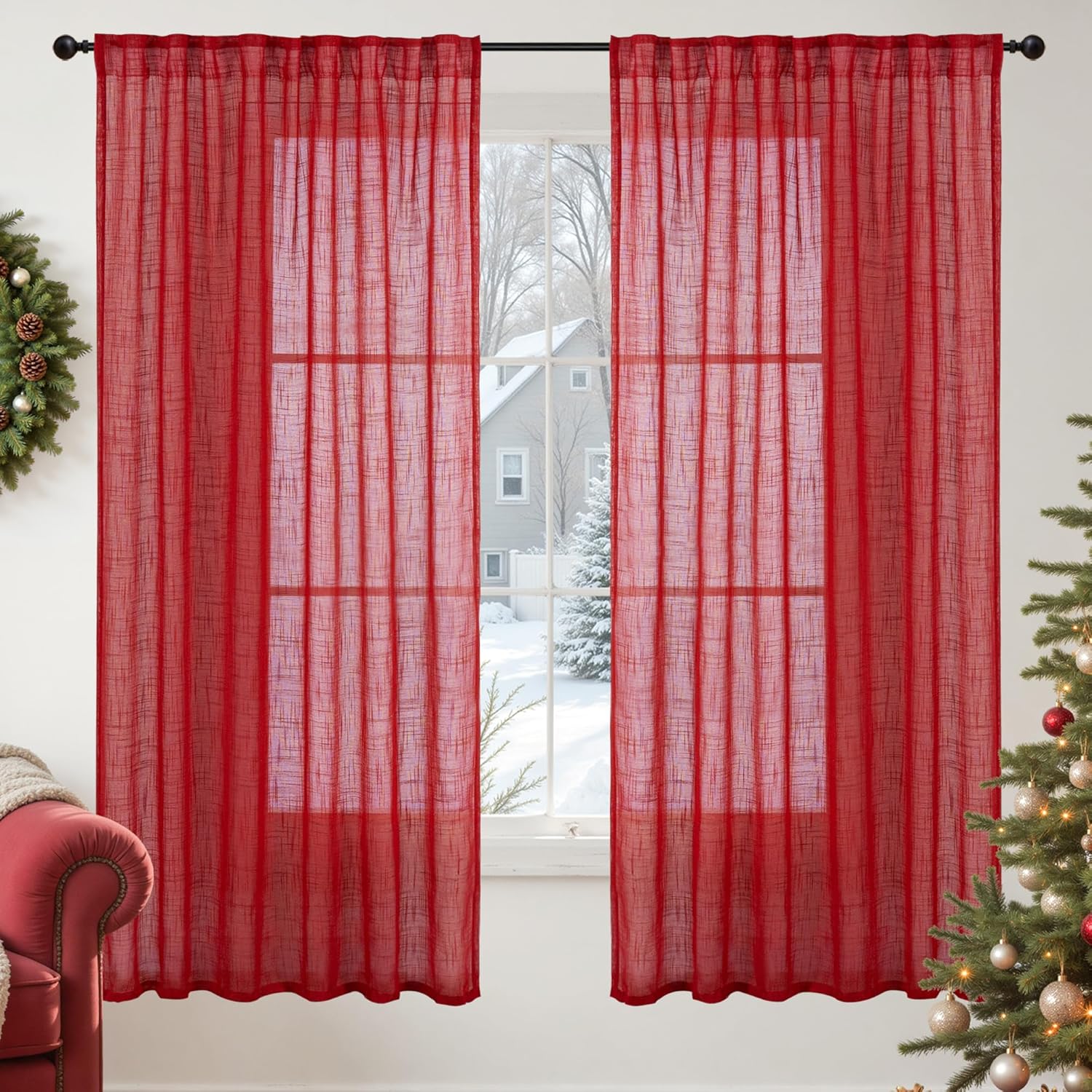 Amazon.com: YoungsTex Red Linen Semi Sheer Curtains 68 Inch Length ...