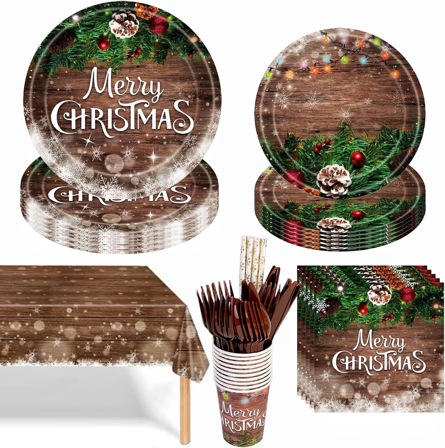 Amazon.com: 105Pcs Christmas Party Supplies Christmas Dinnerware Set ...