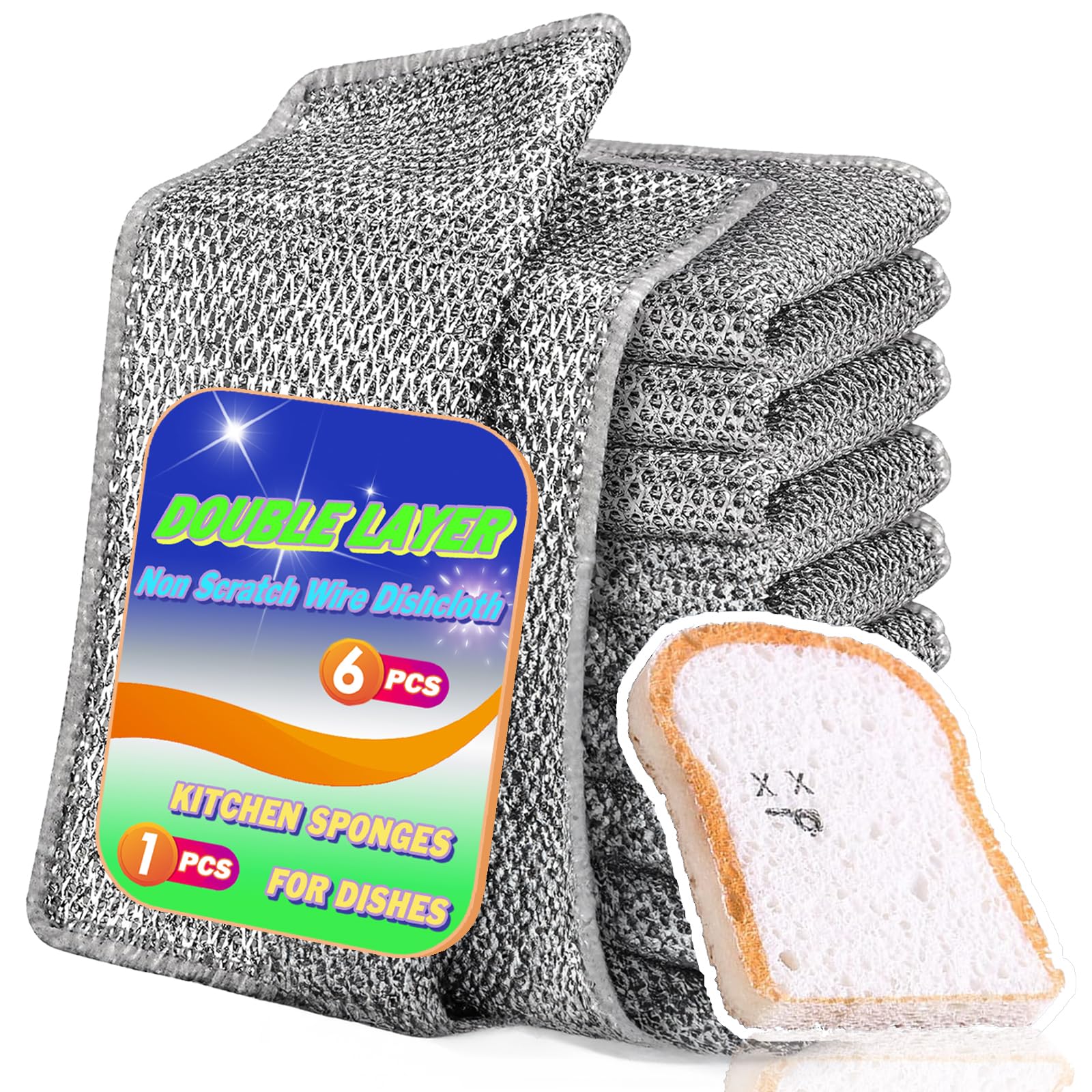 Amazon.com: Non Scratch Wire Dishcloth 6 Pack with 1pcs Kitchen Sponges ...