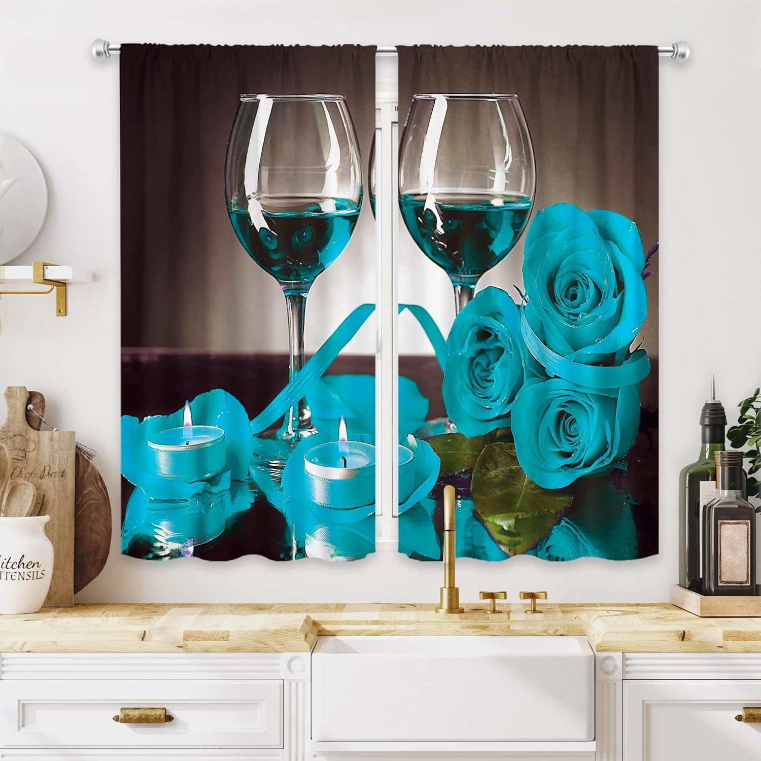 Amazon.com: MESHELLY Blue Kitchen Curtains 27.5W x 39H Rod Pocket Teal ...