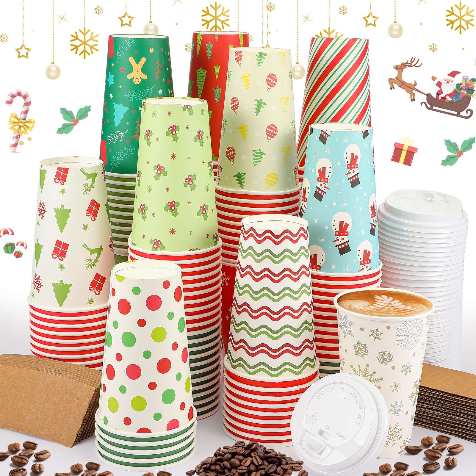 Amazon.com: Tioncy 300 PCS/100 Set 16oz Christmas Paper Cups Christmas ...