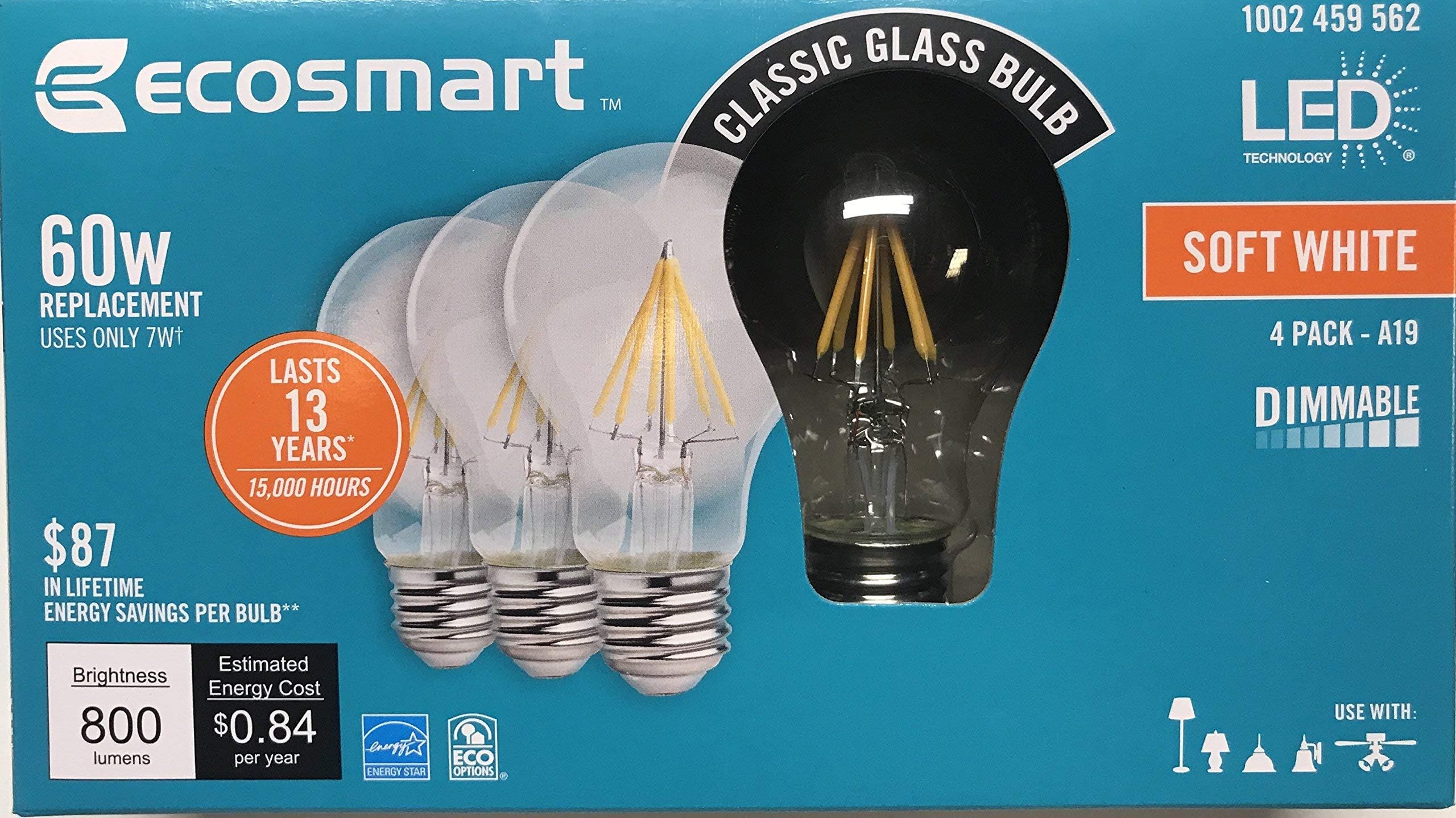 EcoSmart 60W LED Soft White Vintage A19 4-Pack - Amazon.com