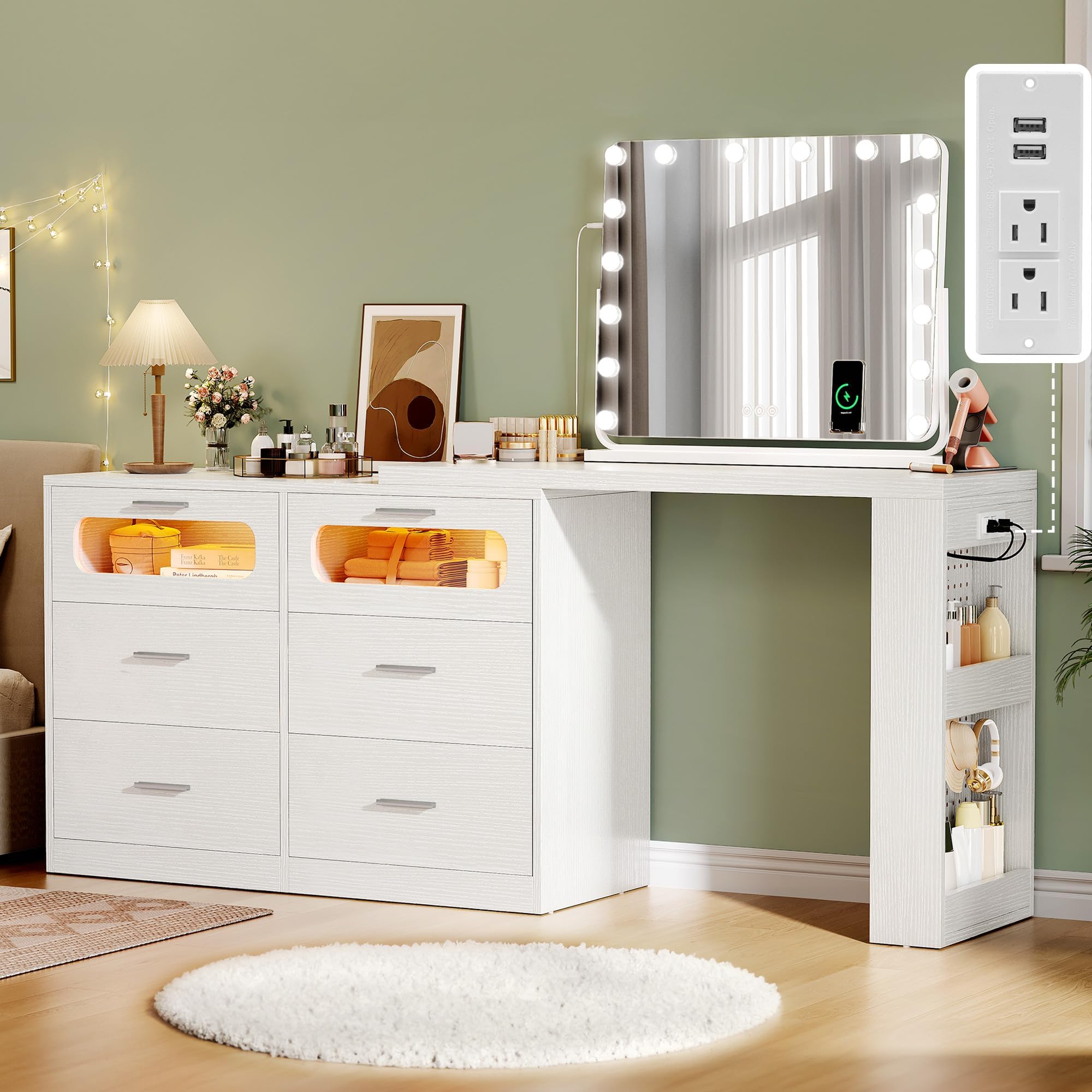 Amazon.com: DWVO Vanity Desk with Mirror - RGB LED and Charging Station ...