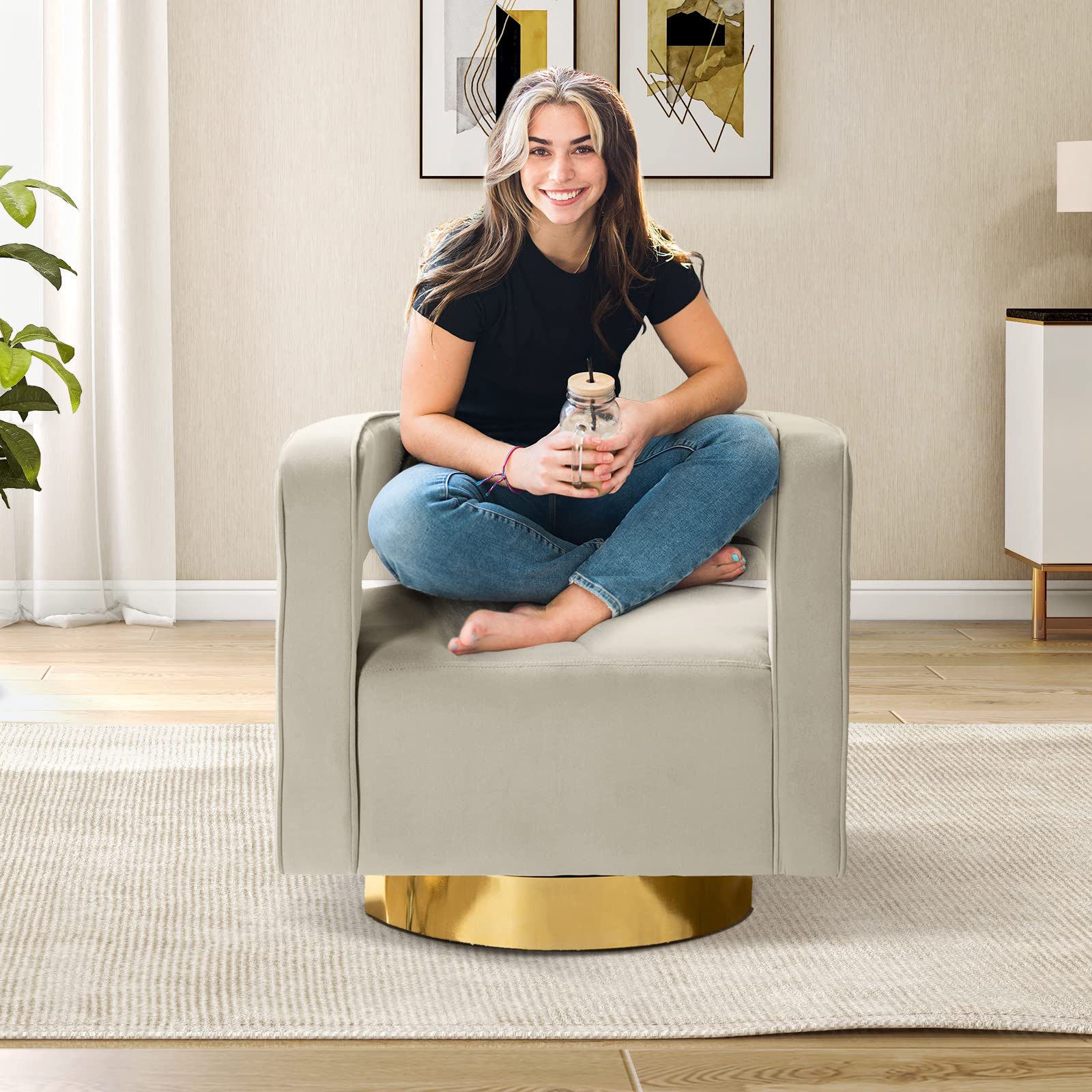 TINA'S HOME Swivel Accent Barrel Chair, Modern Velvet Armchair with 3D ...