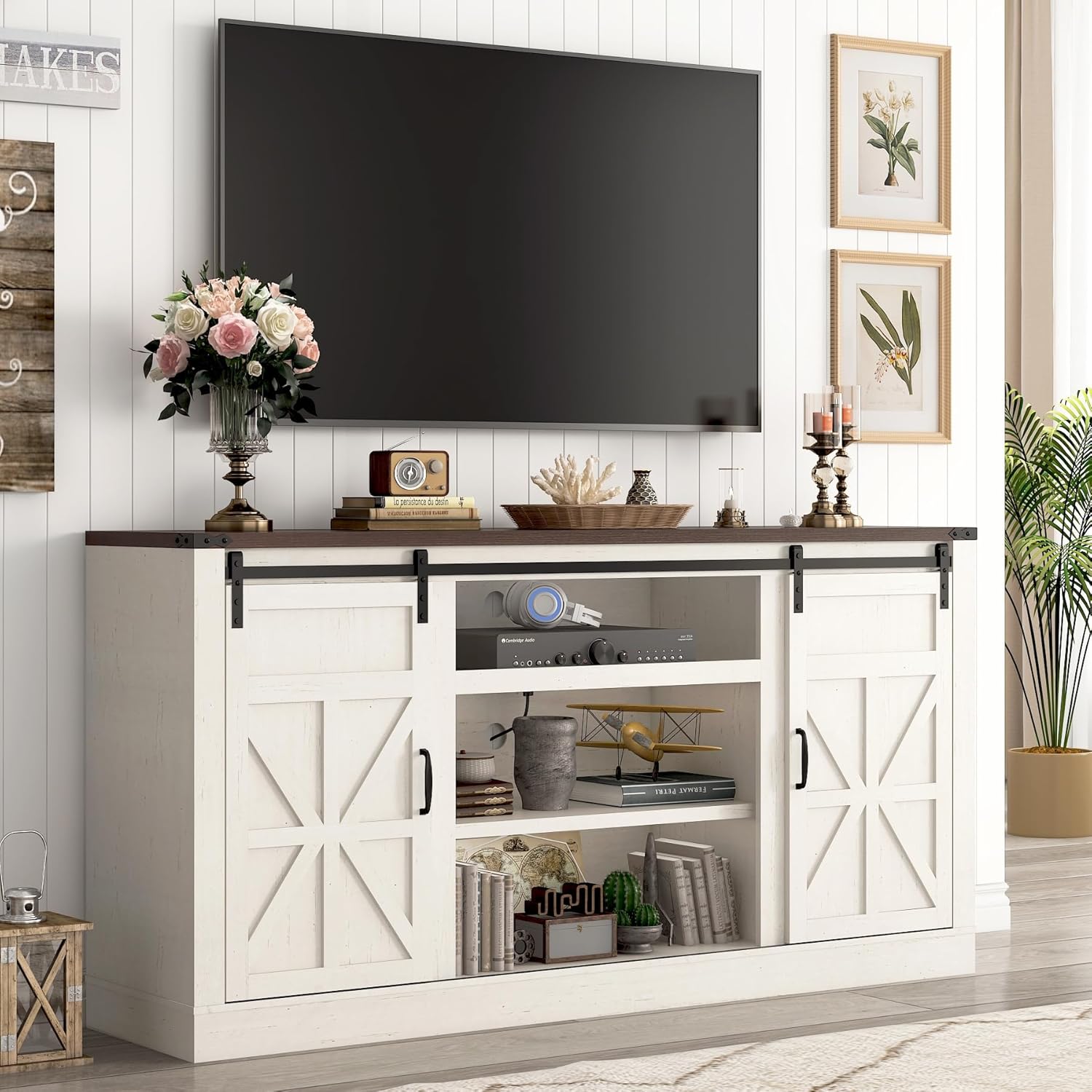 Amazon.com: Hlivelood 66" Farmhouse TV Stand for 75 Inch TV, 33" Tall ...