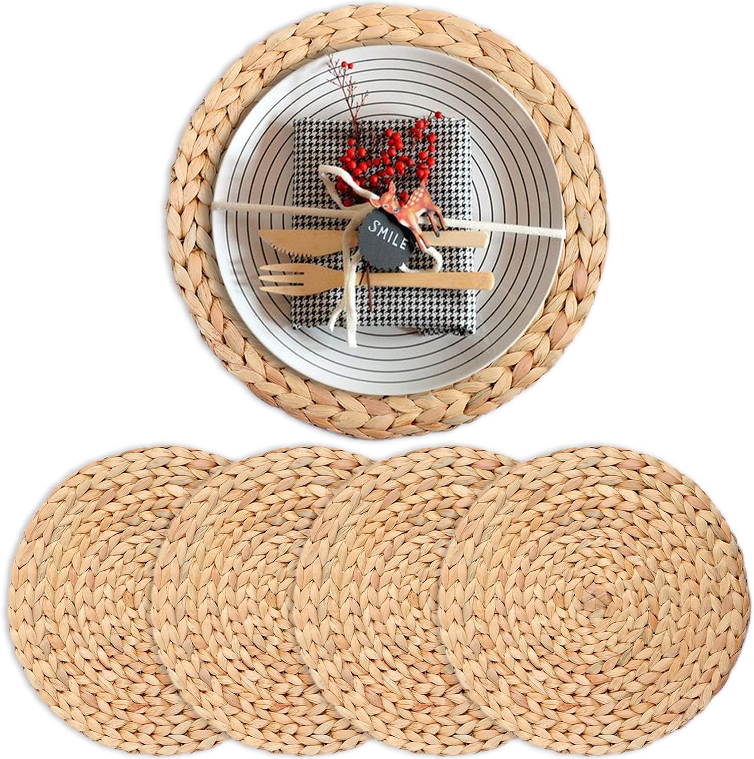 Amazon.com: Round Woven Placemats Set of 4, Natural Water Hyacinth ...