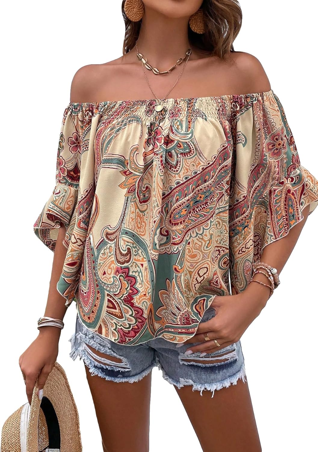 Floerns Women's Off Shoulder Flounce Sleeve Boho Printed Summer Blouse ...