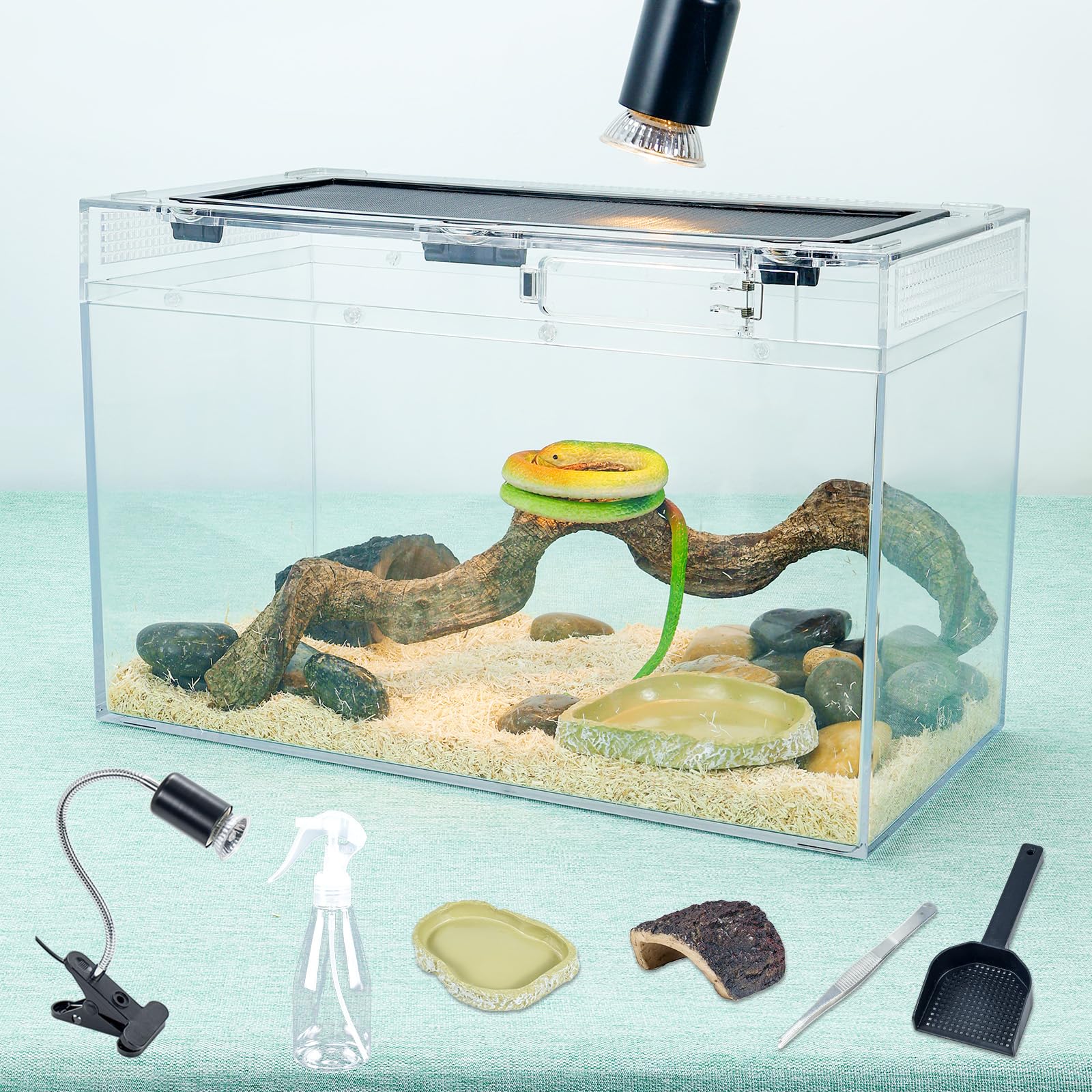BINANO 16'' Reptile Tank Kit with Heat Lamp, Spray Bottle, Shovel ...