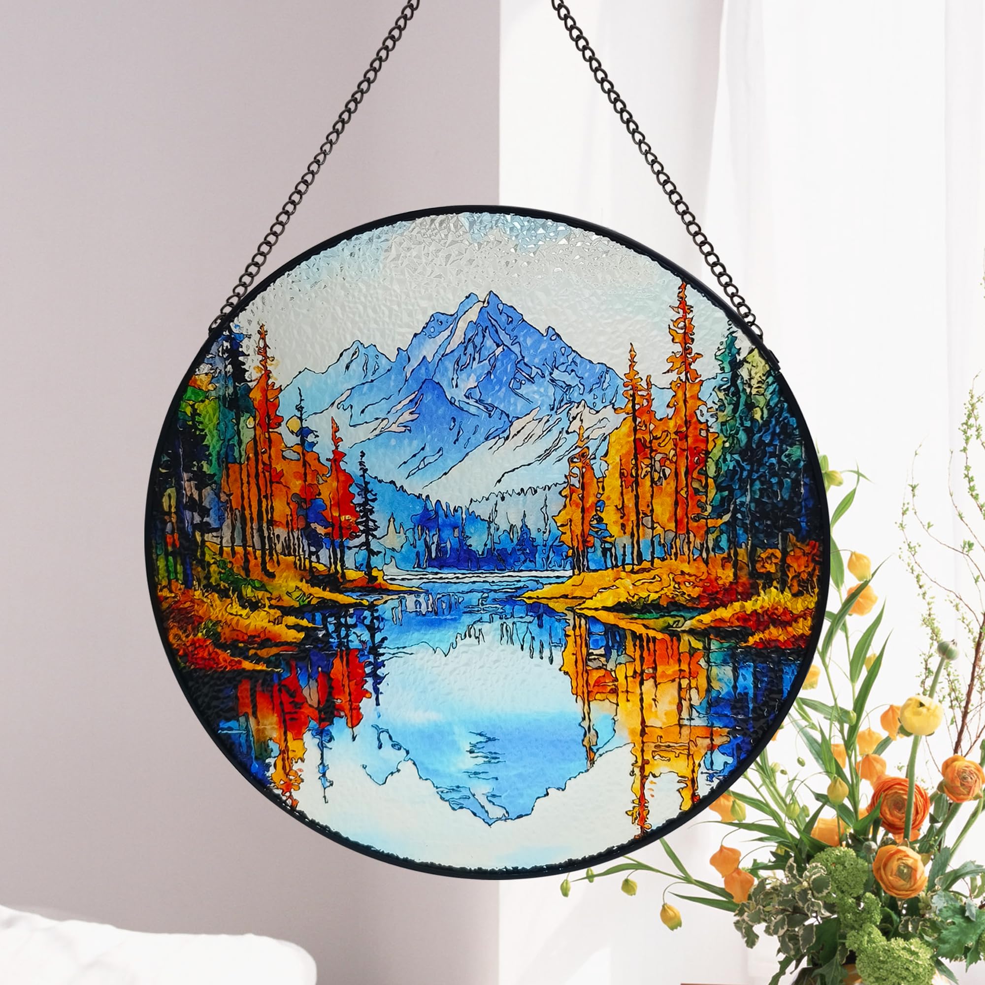 Amazon.com: ZUSANG Mountain Lake Sun Catcher Hanging Stained Glass ...