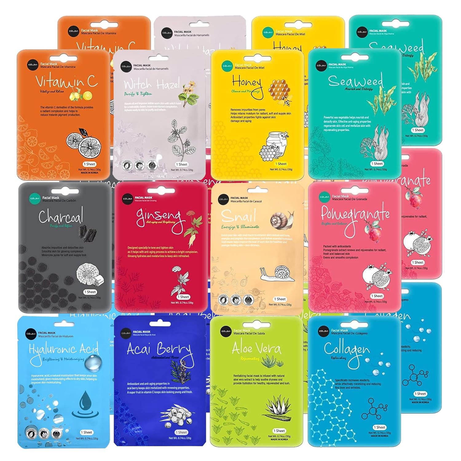 Amazon.com : Celavi Essence Facial Face Mask K-Beauty Skincare Korea ...