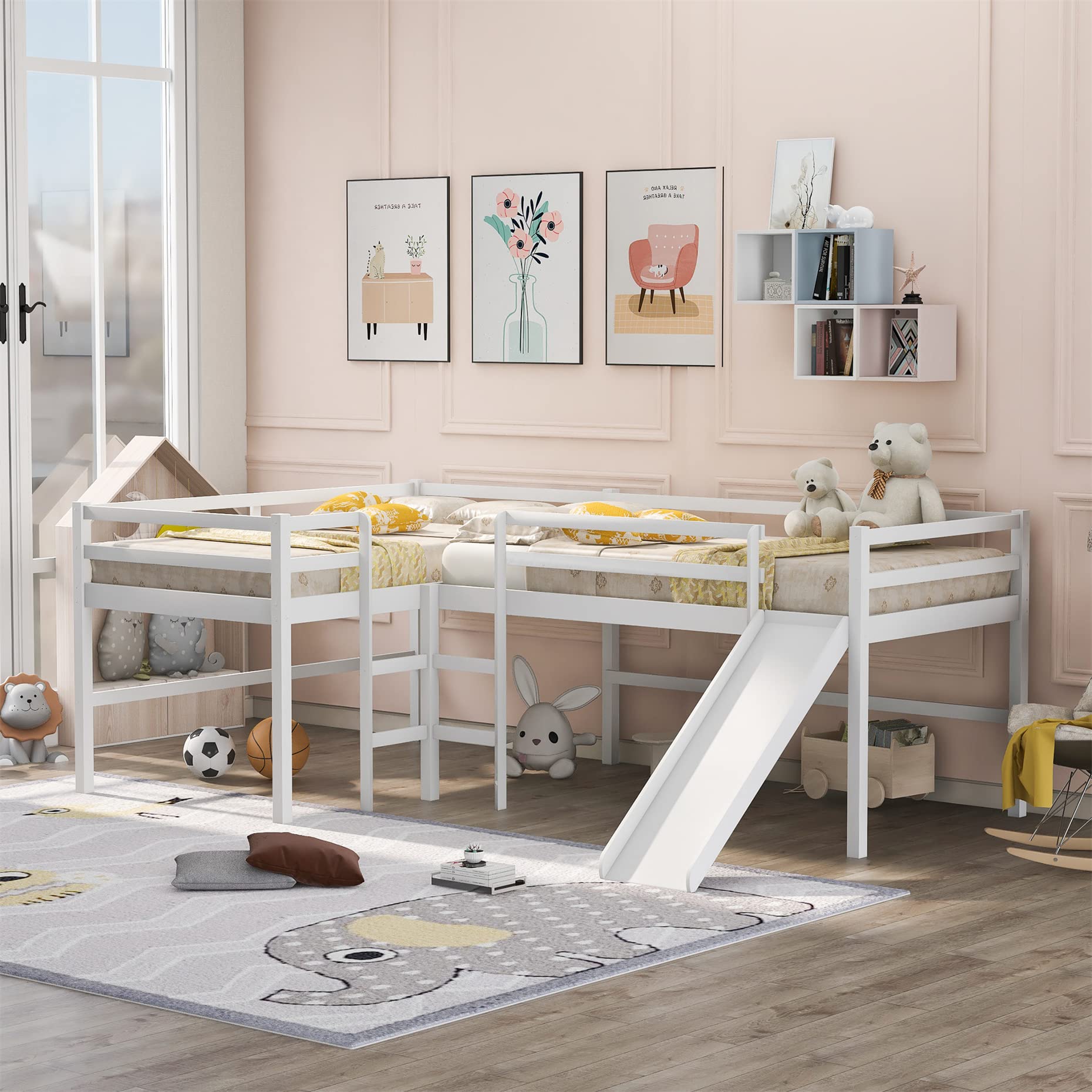 Buy Twin Loft Bed for Kids, L-Shape Loft Beds with Slide, Low Loft Bed ...